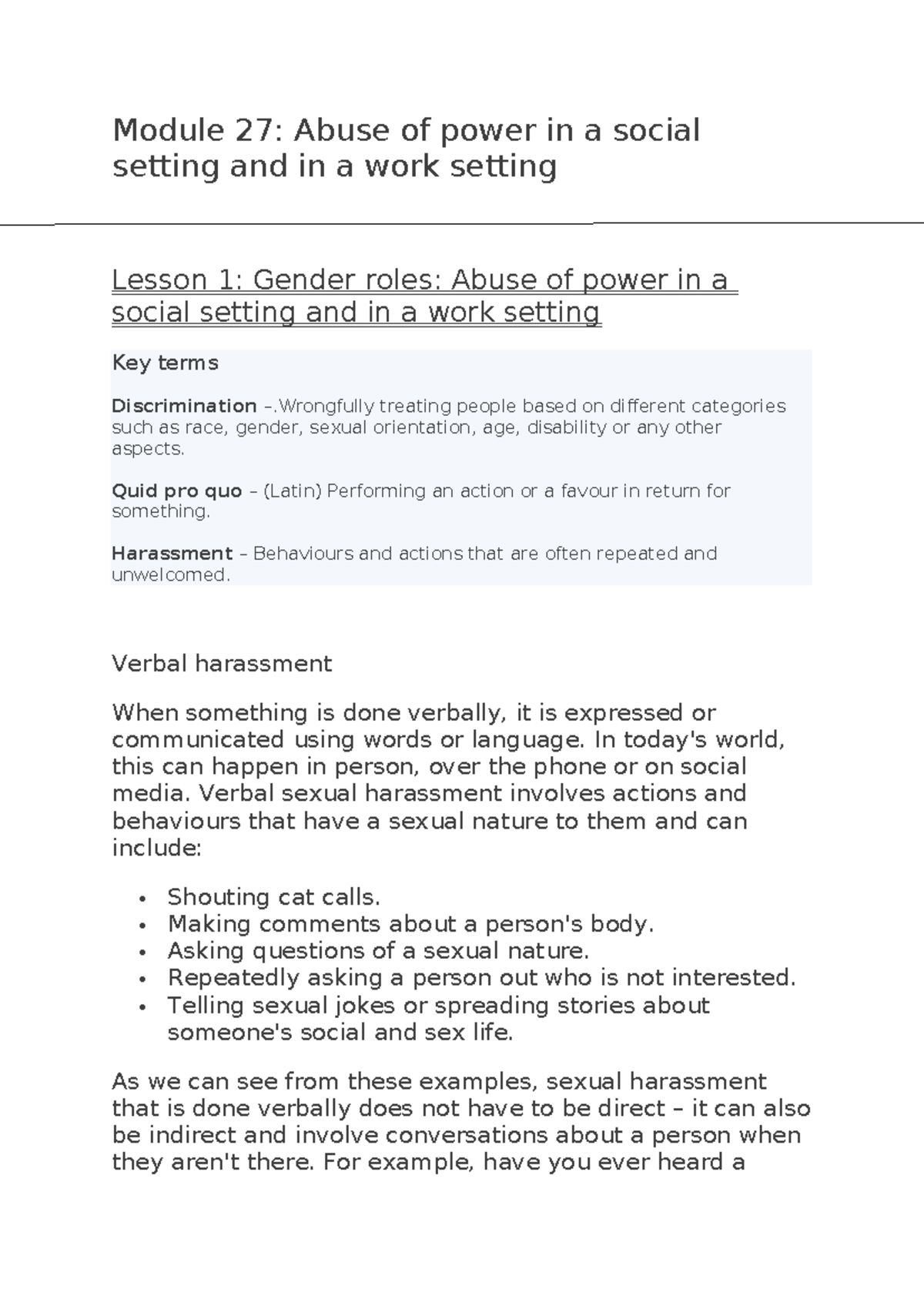 Module 27- Abuse of power in a social setting and in a work setting and ...