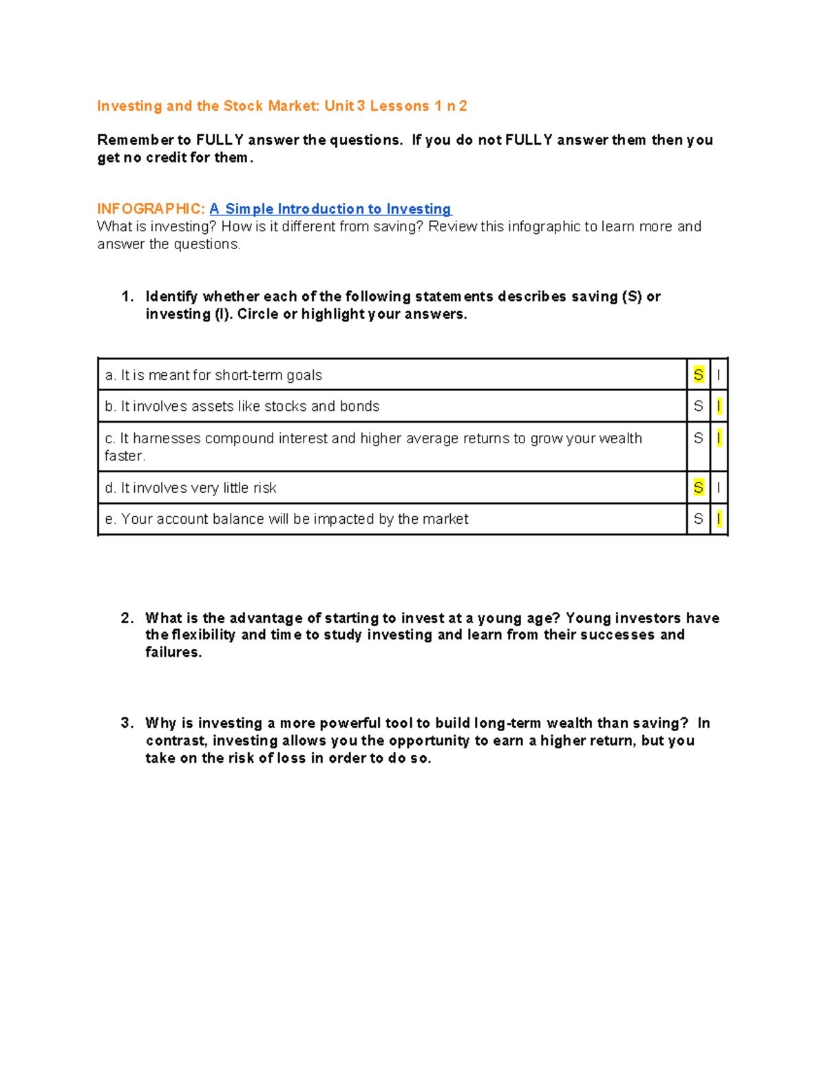 Investing and the Stock Market Worksheet - Investing and the Stock ...