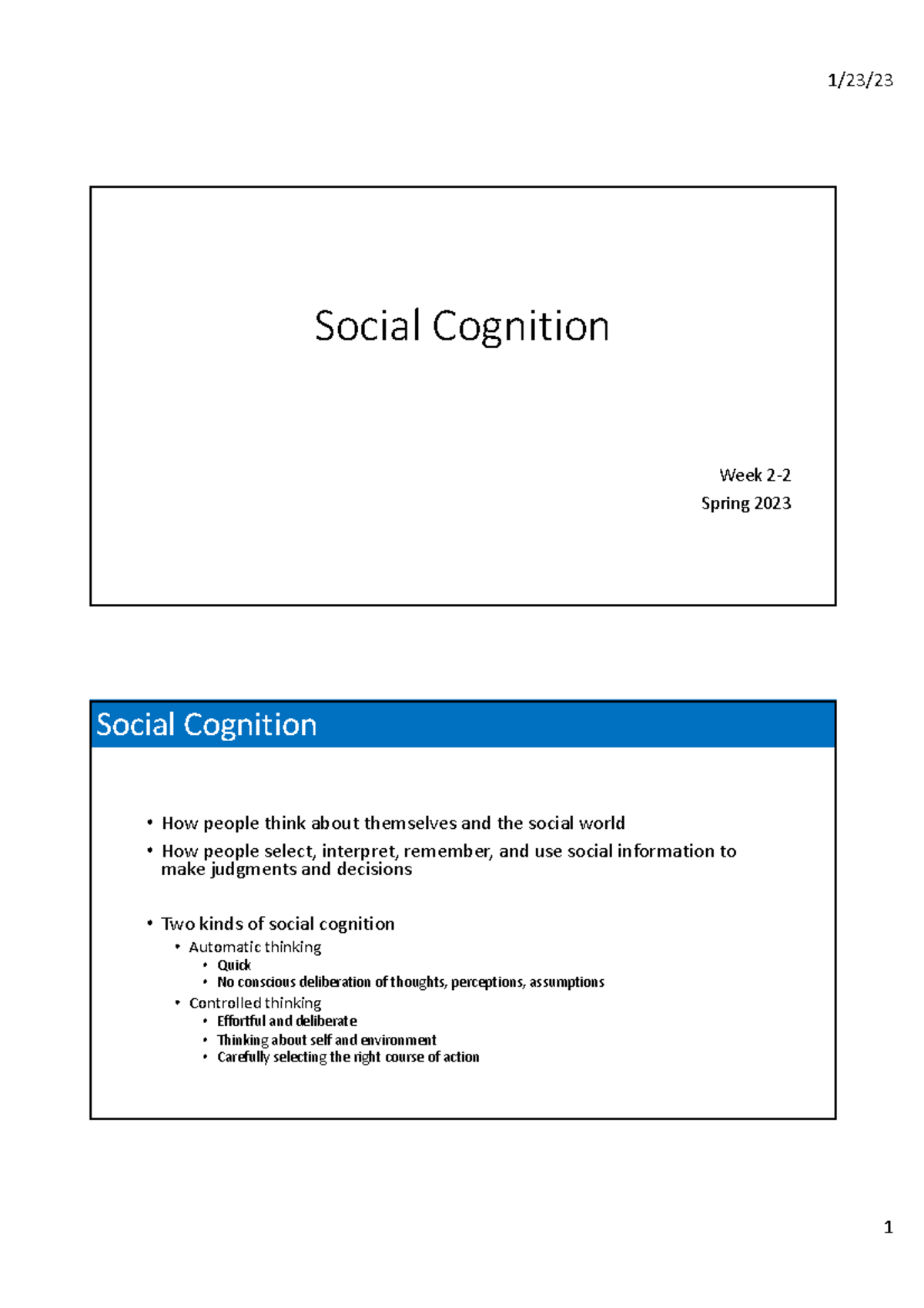 Week2 2 - Practice NOTES - Social Cognition Week 2- Spring 2023 • How ...