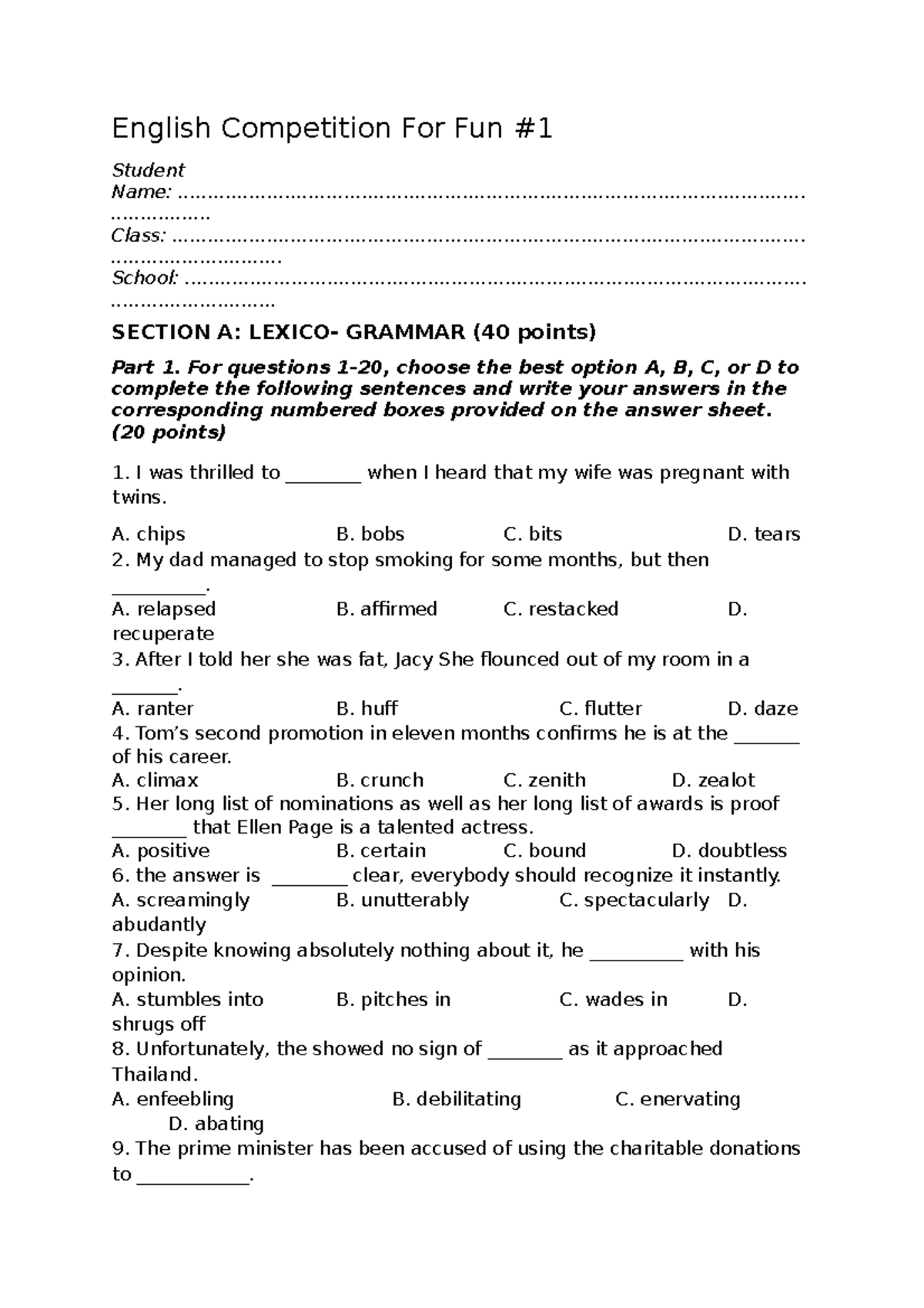English Competition For Fun 1 - English Competition For Fun Student ...