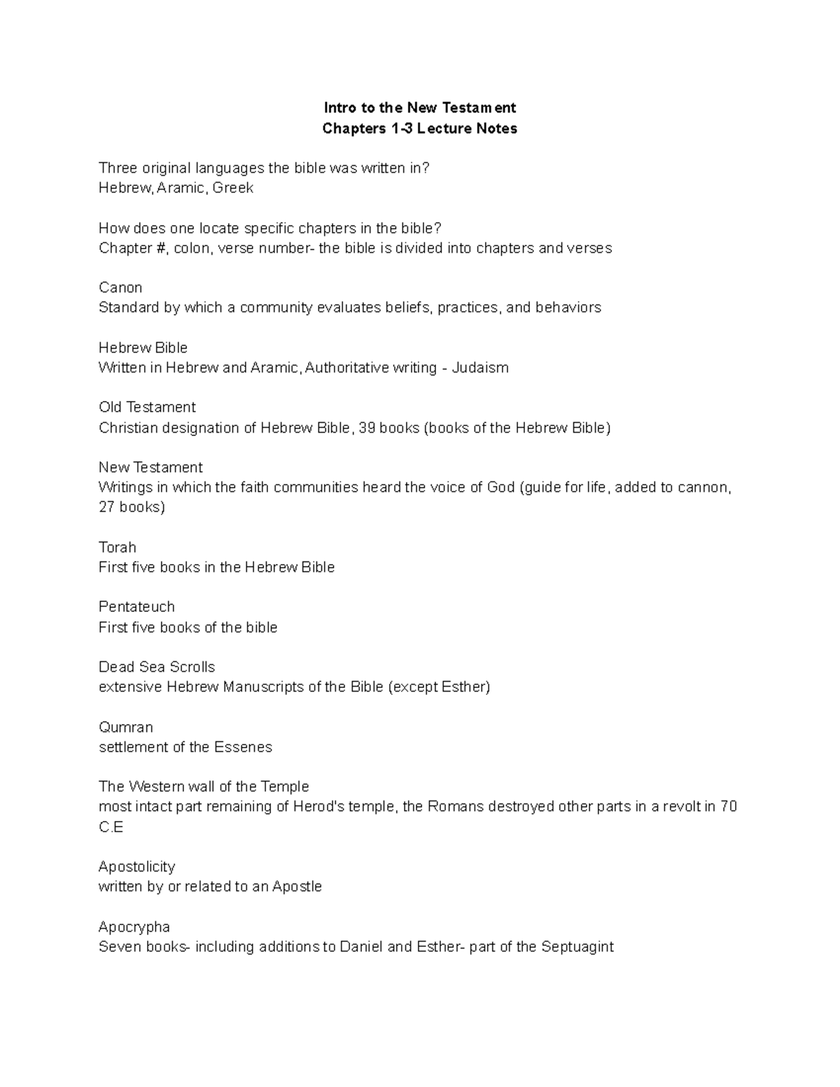 REL 3015 Ch. 1-3 - Lecture notes 1,2,3 - Intro to the New Testament ...