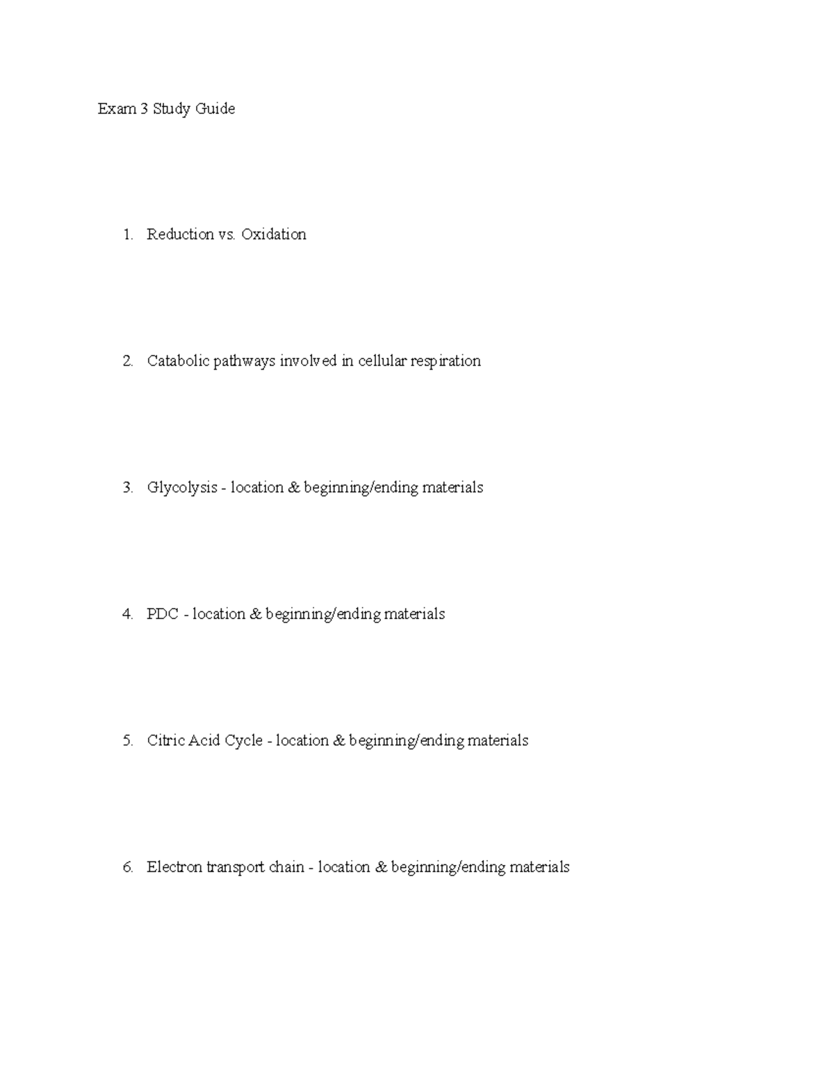 Bio Study Guide Ex 3 - Exam 3 Study Guide 1. Reduction vs. Oxidation 2 ...