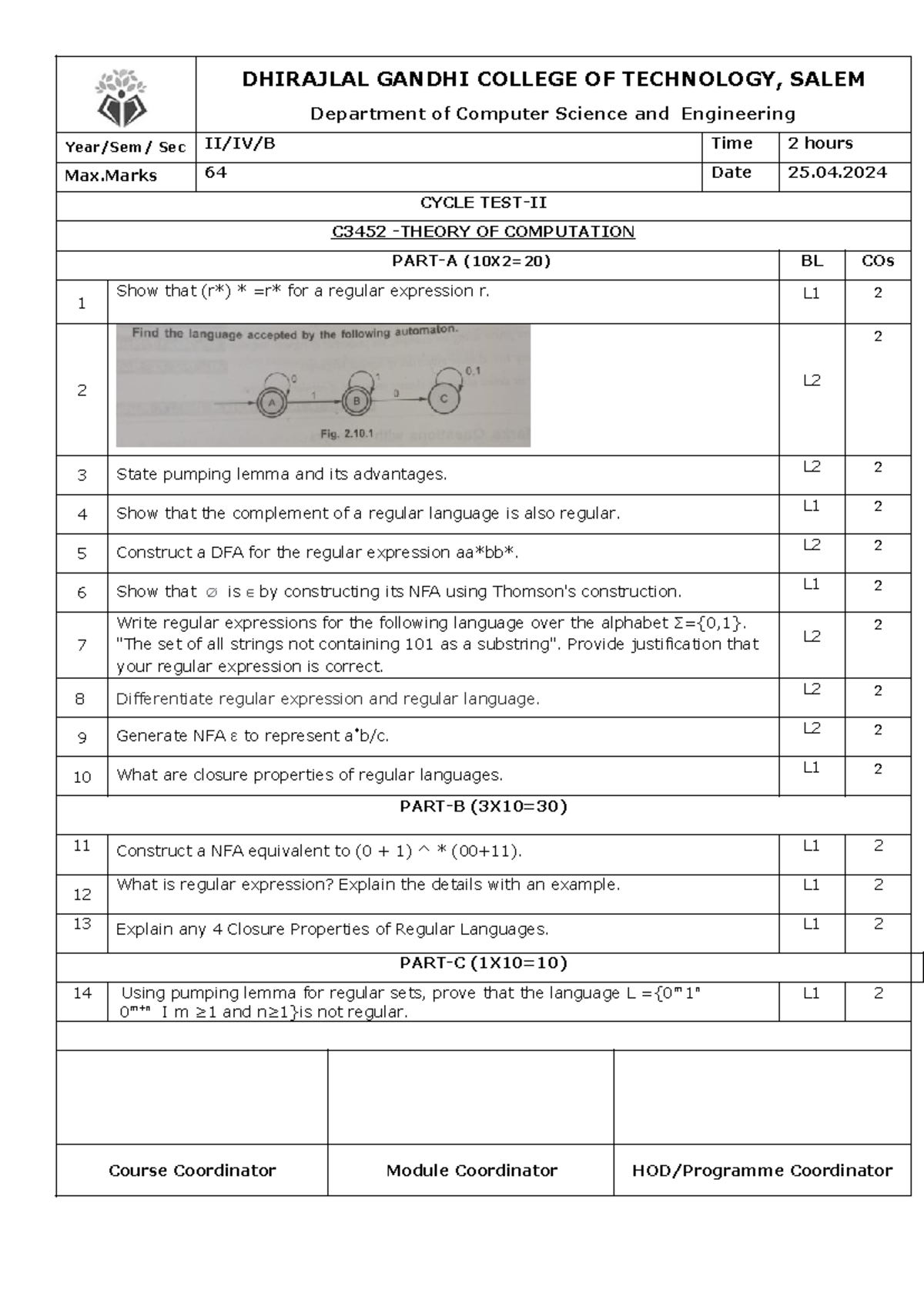 TOC CT2 Q - nil - DHIRAJLAL GANDHI COLLEGE OF TECHNOLOGY, SALEM Department of Computer Science ...