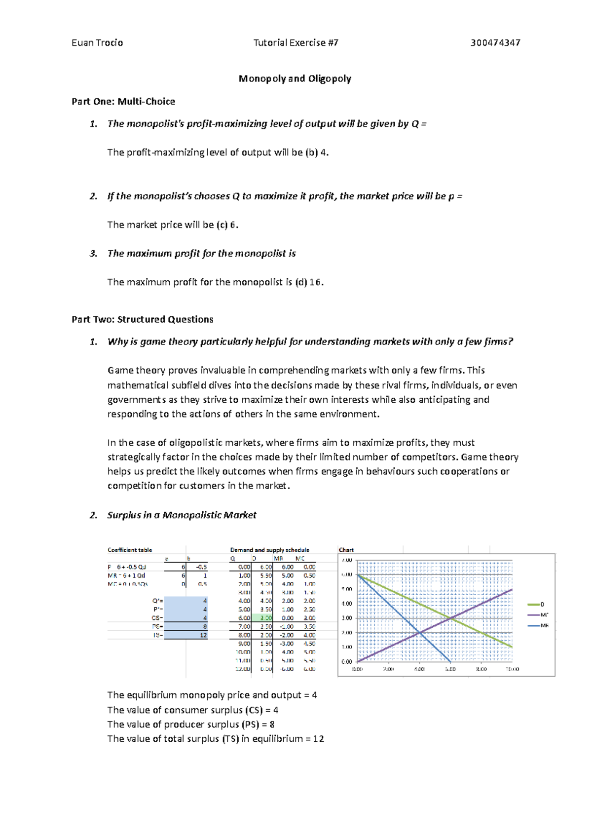 Tutorial Exercise #7 - Monopoly and Oligopoly Part One: Multi-Choice The monopolist's - Studocu