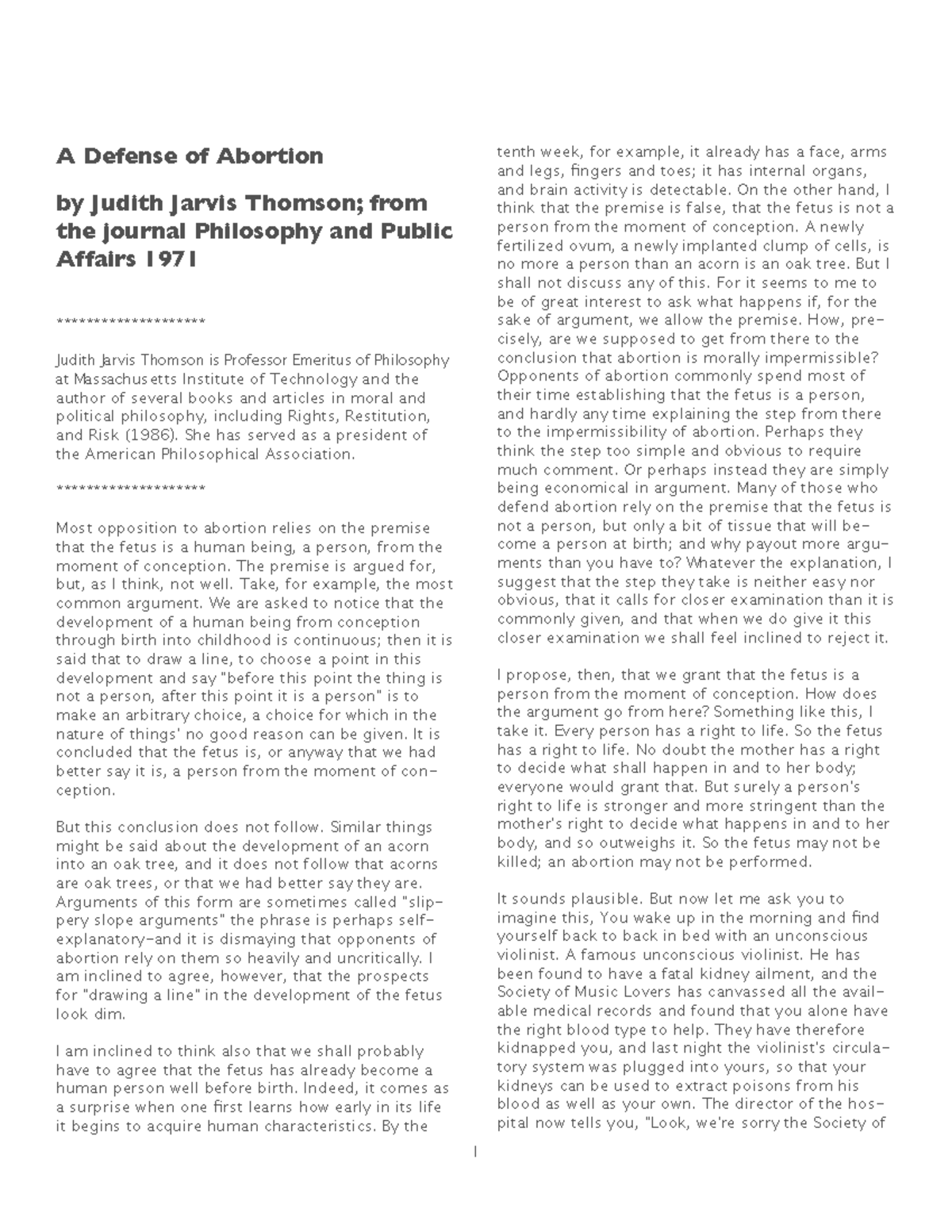 Judith Jarvis Thomson - Grade: B - A Defense of Abortion by Judith ...