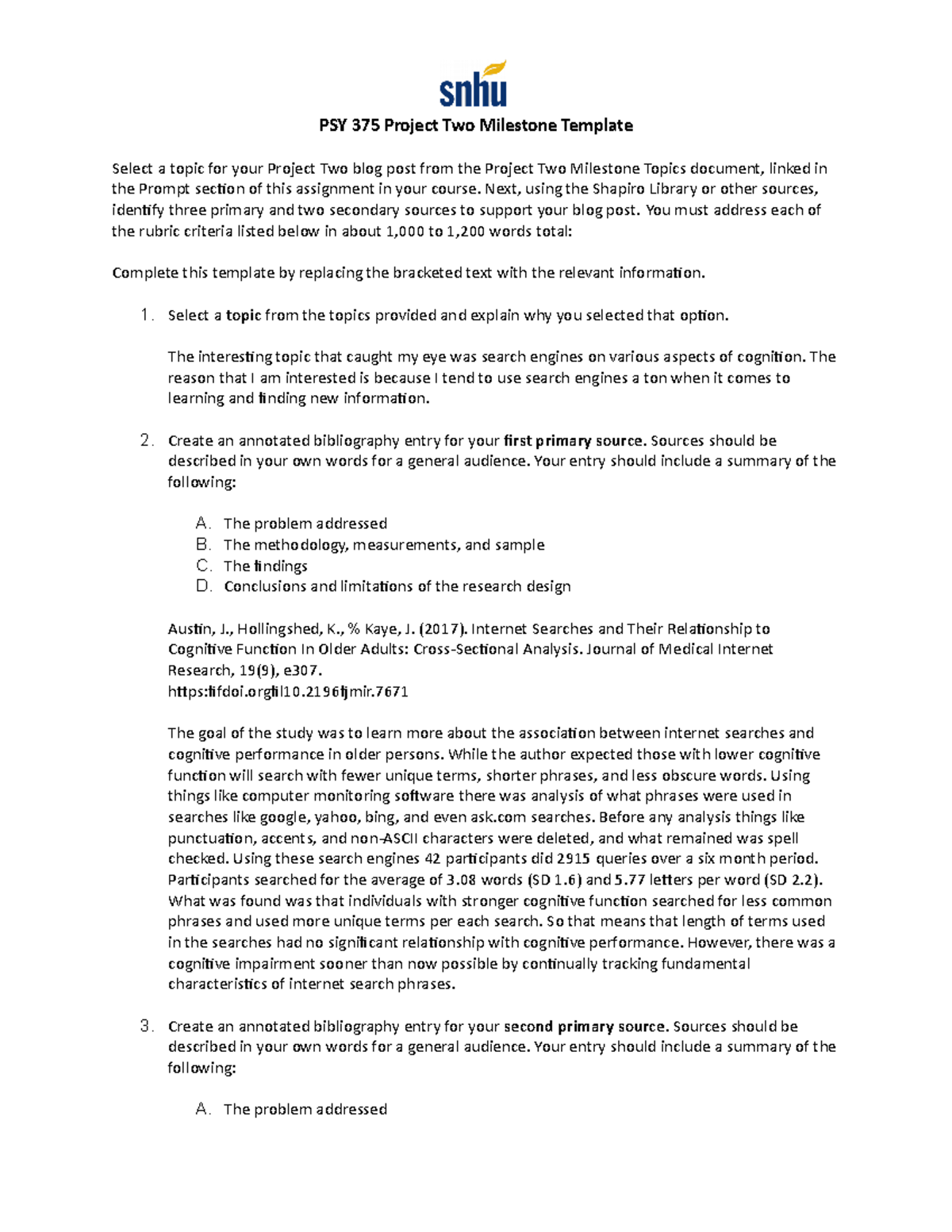 PSY 375 Project Two Milestone Template - PSY 375 Project Two Milestone ...