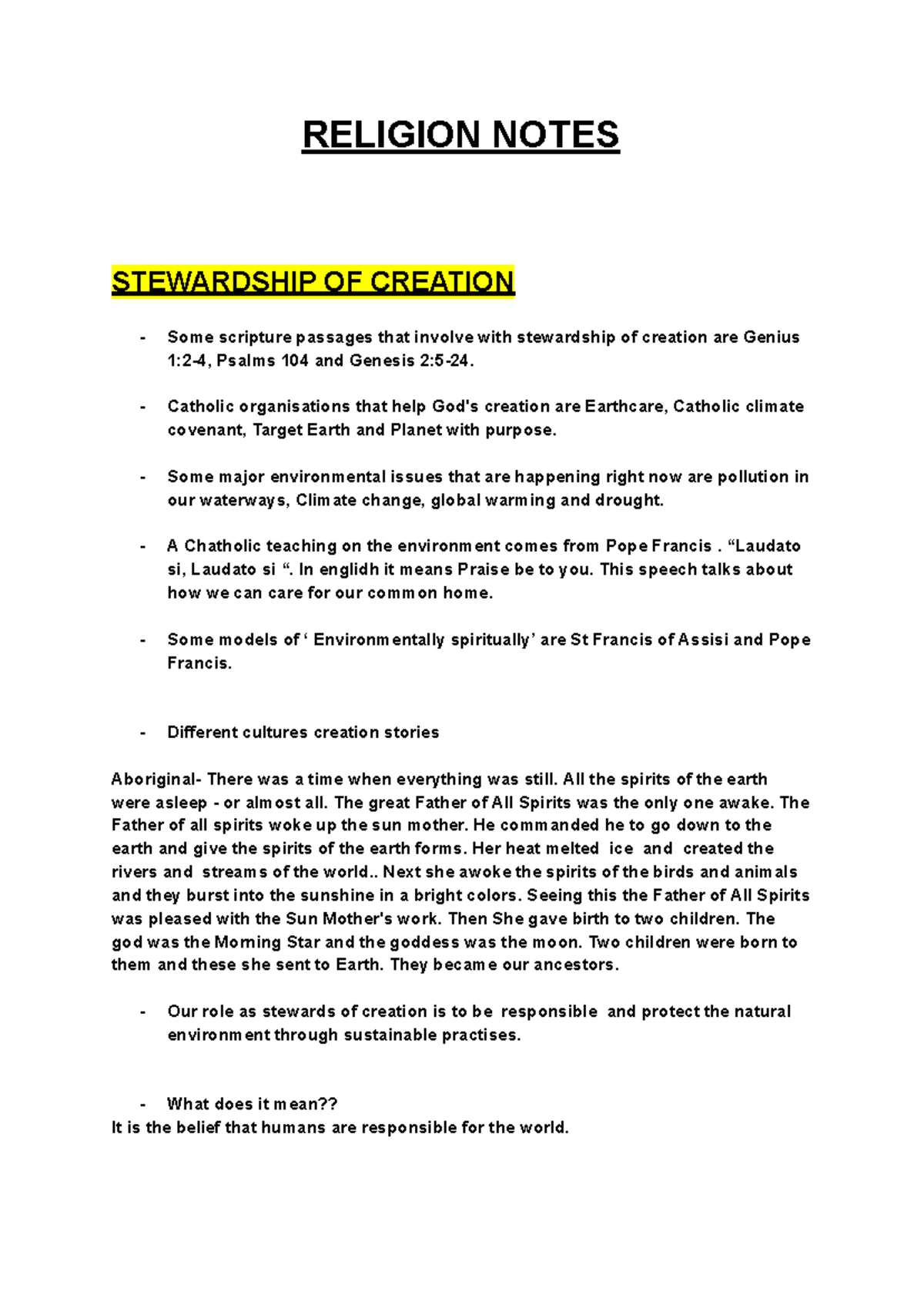 Religion Notes - RELIGION NOTES STEWARDSHIP OF CREATION - Some ...