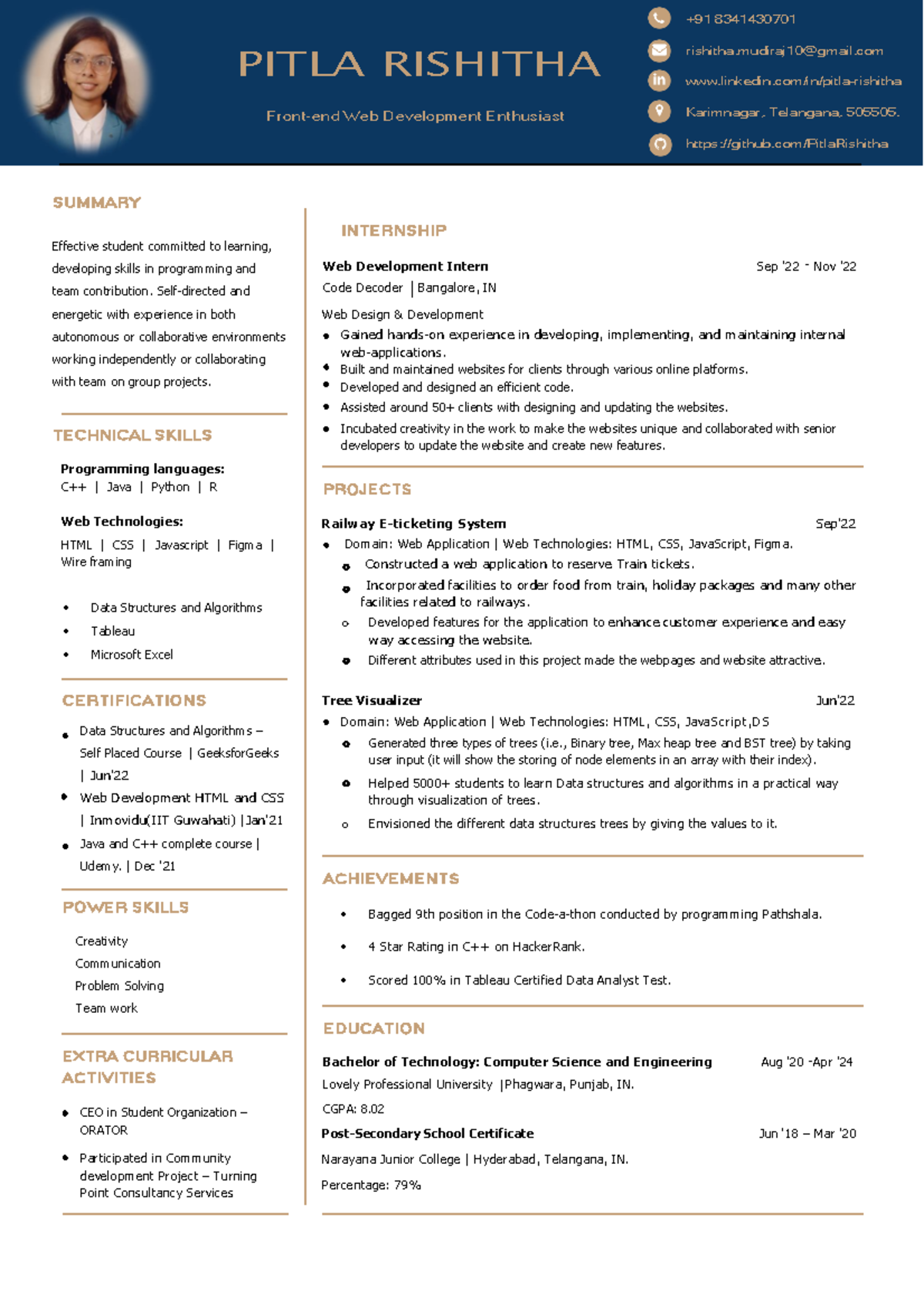 Final CVPitla Rishitha 12003 386 - PITLA RISHITHA Front-end Web Development Enthusiast SUMMARY ...
