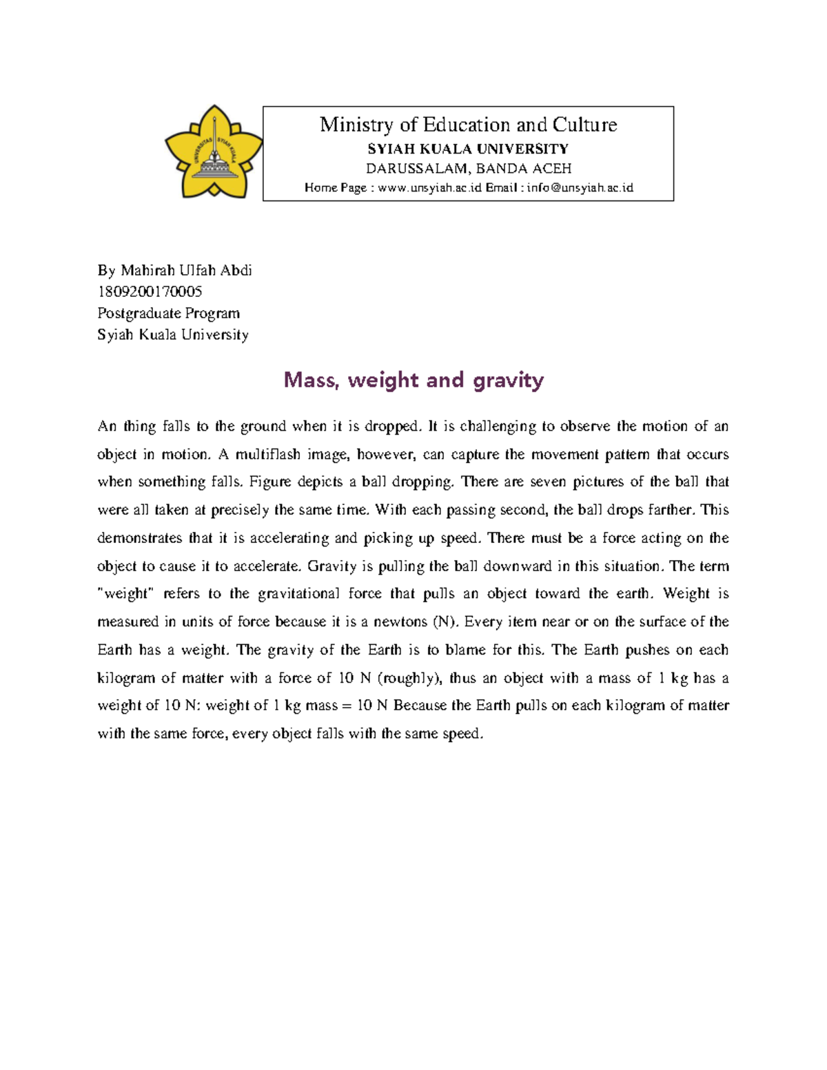 MASS, Weight AND Gravity - By Mahirah Ulfah Abdi 1809200170005 ...