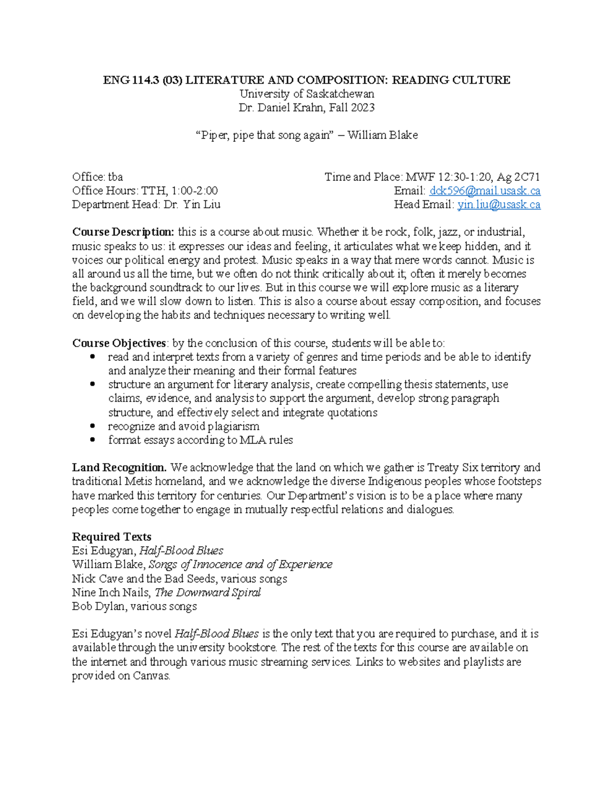 ENG 114.3(03) Course Outline F2023 Krahn - ENG 114 (03) LITERATURE AND ...