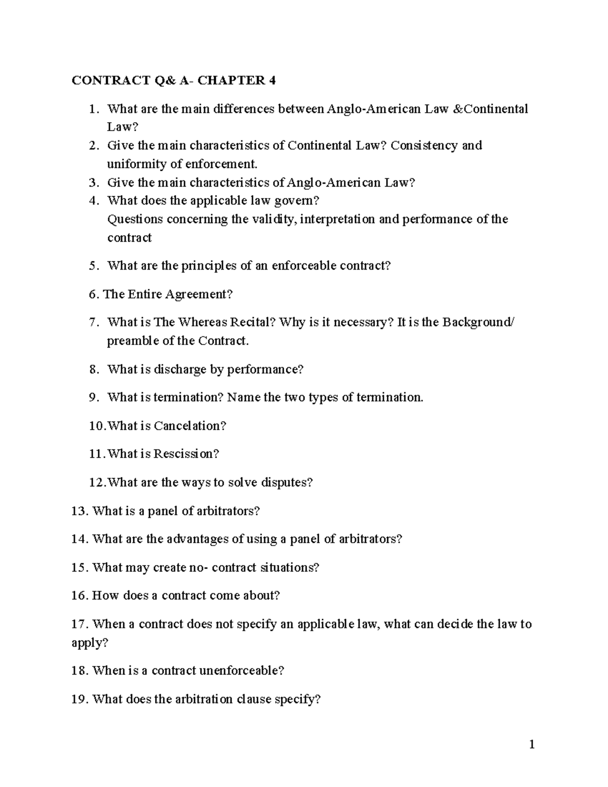 Chapter 4-Contract - Questions - CONTRACT Q& A- CHAPTER 4 What are the ...