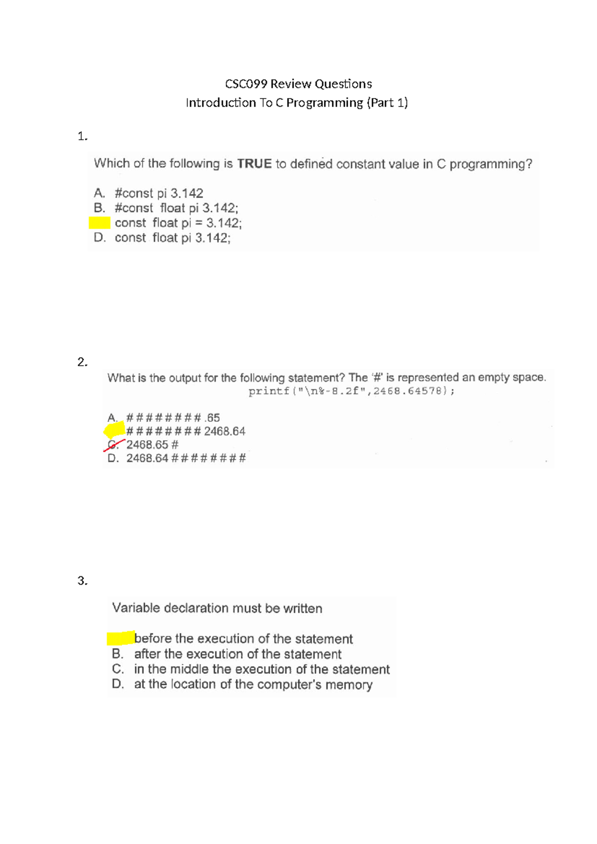 Tuto-Wk3 - tuto - foundation of engineering - CSC099 Review Questions Introduction To C ...