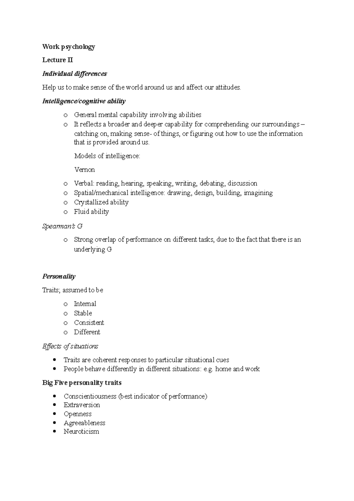 Work psychology-lectures - Work psychology Lecture II Individual ...