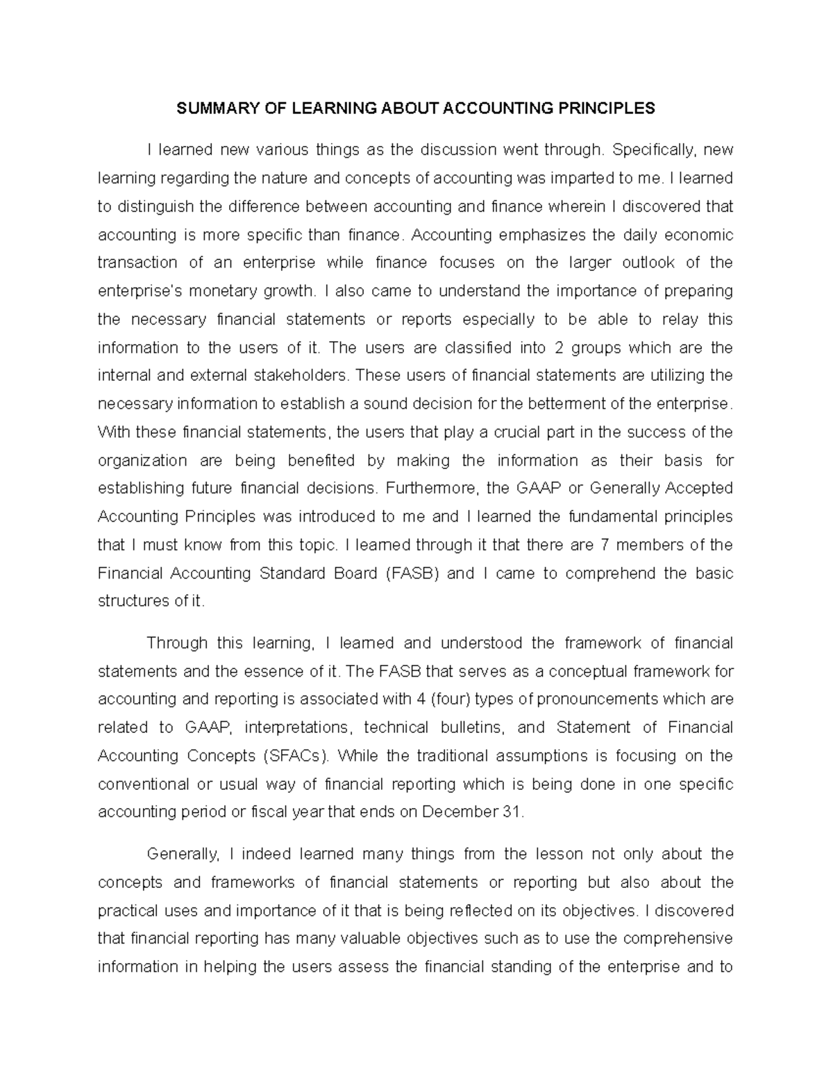 Accountng- Principles Summary-OF- Learning - SUMMARY OF LEARNING ABOUT ...