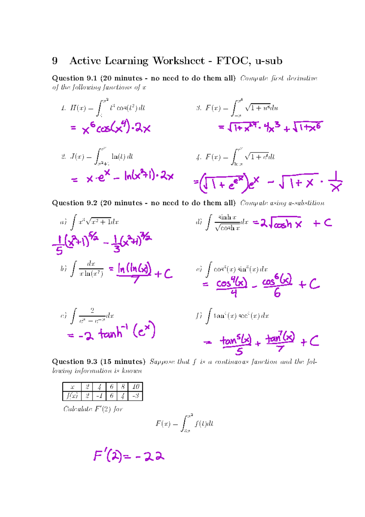 9 Active Learning FTOC u-sub answers - 9 Active Learning Worksheet ...