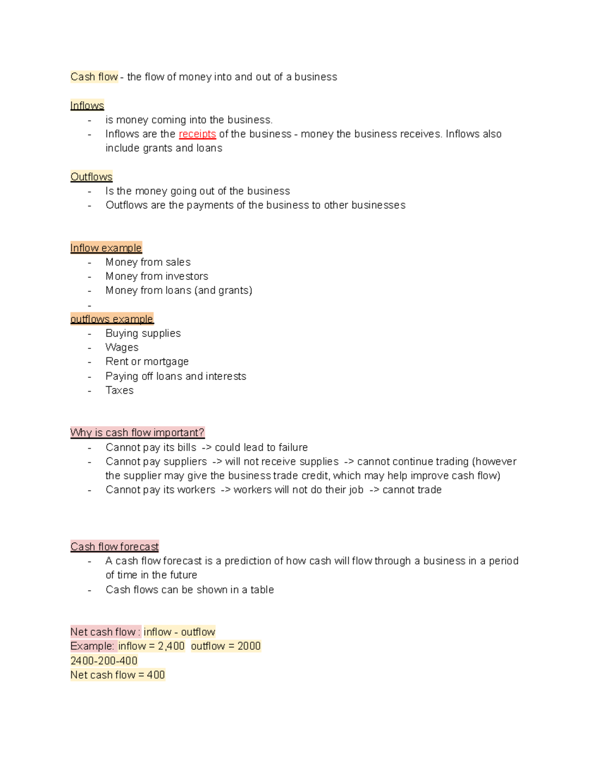 Cash flow - notes - Cash flow - the flow of money into and out of a ...