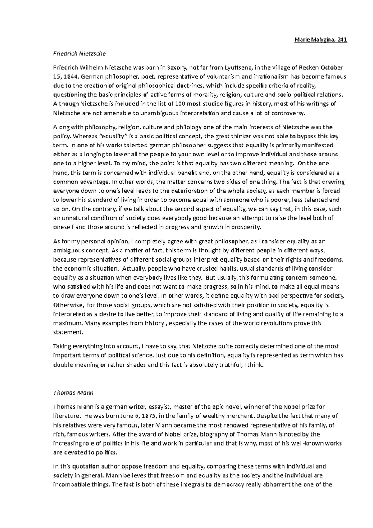 Essay "Nietzsche And Mann" - Grade 10 - Marie Malygina, 241 Friedrich ...