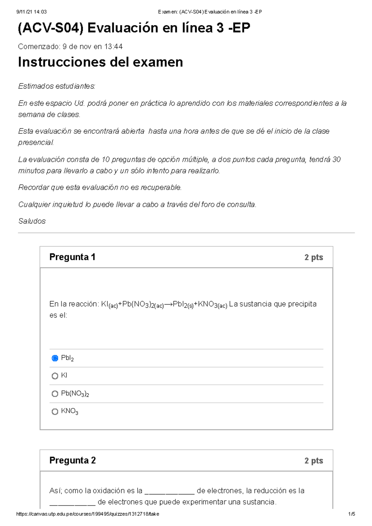 Examen (ACV-S04) Evaluación en línea 3 -EP - Quimica General - UTP - Studocu