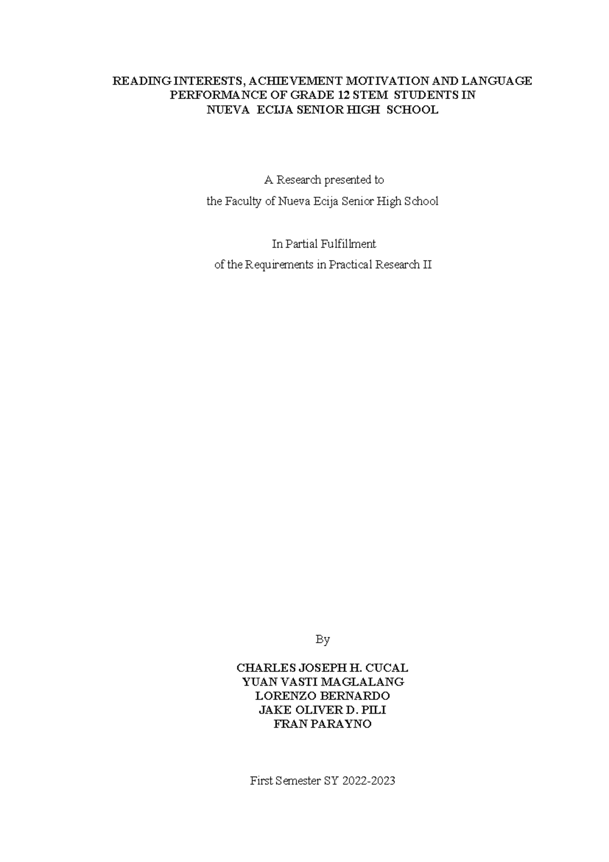 READING INTERESTS, ACHIEVEMENT MOTIVATION AND LANGUAGE PERFORMANCE OF ...