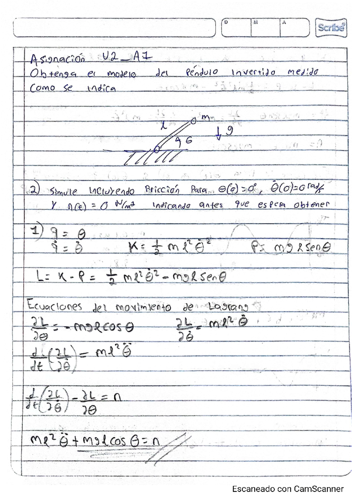 Modelo del péndulo invertido - D M A Scribe Asignacion U2_A7 Obtenga e ...