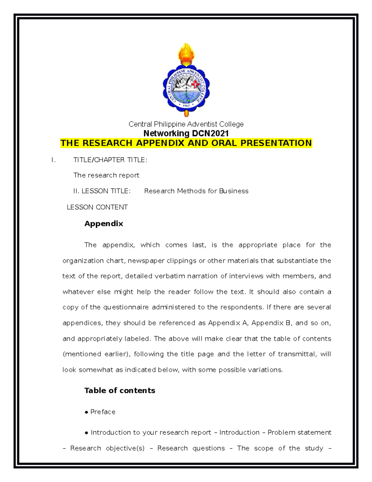 THE Research Appendix AND ORAL Presentation - Central Philippine ...