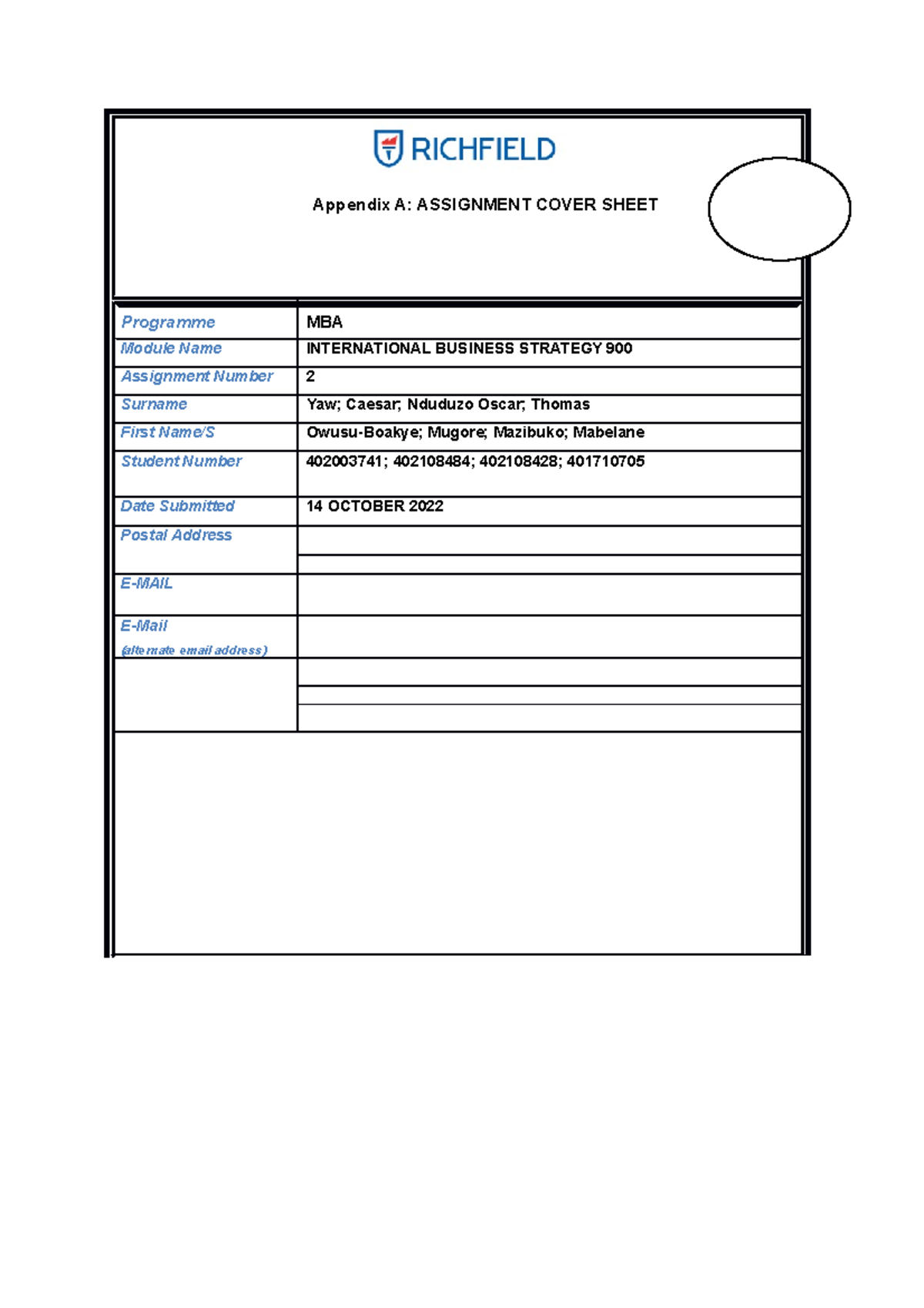 International Business Strategy Syndicate Assignment 2 - Appendix A ...