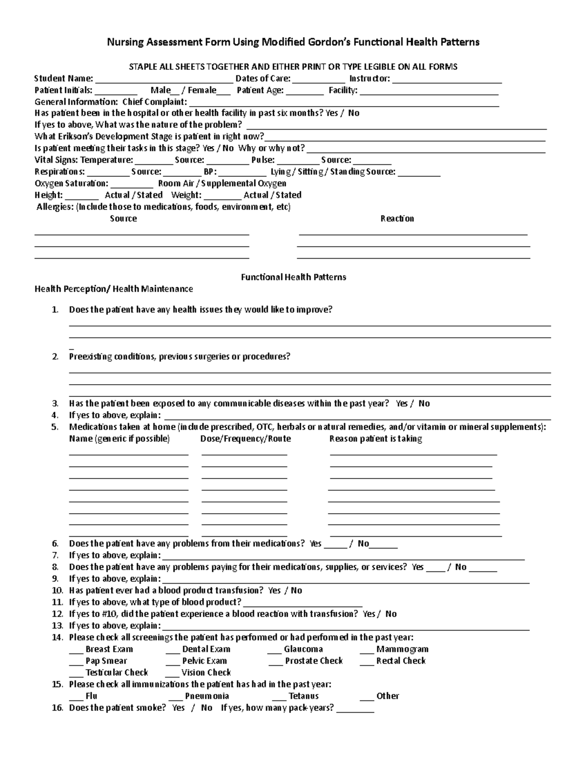  11 Gordons Functional Health Pattern Marjorie Gordon s 11 Functional 