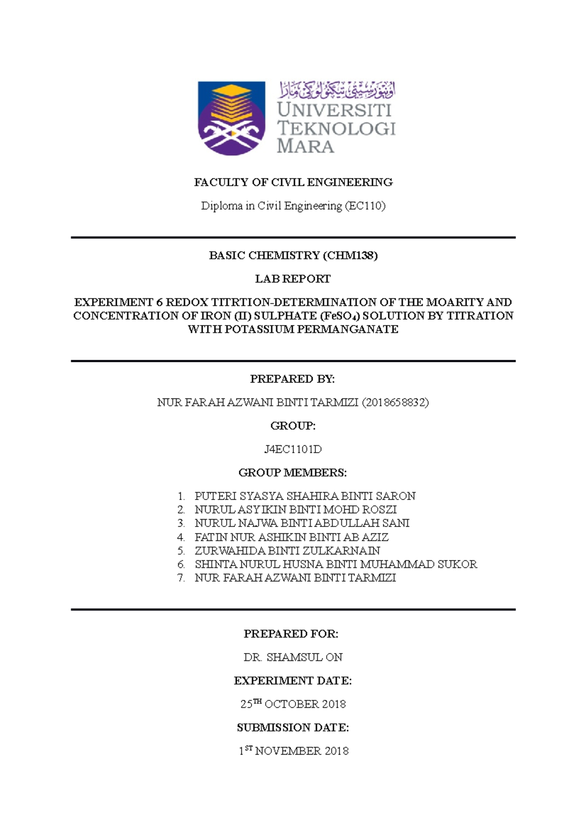 Experiment 6 - lab report - FACULTY OF CIVIL ENGINEERING Diploma in ...