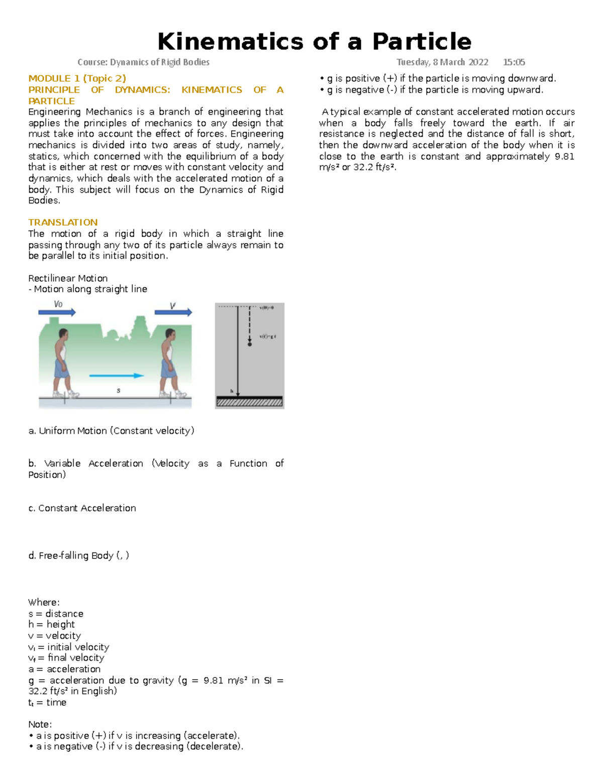2 Kinematics Of A Particle Dynamics Kinematics Of A Particle Course Dynamics Of Rigid