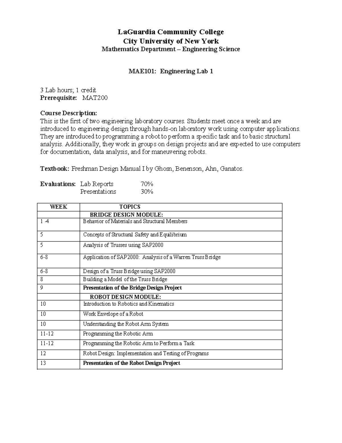MAE 101 Syllabus - LaGuardia Community College City University of New ...