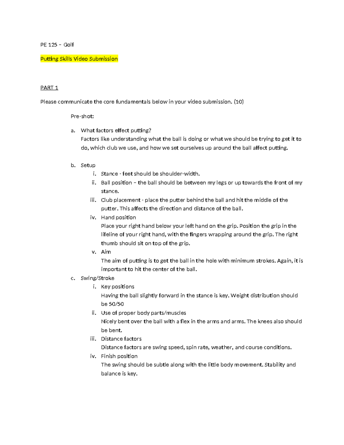 Golf Putting 1 - PE 125 – Golf Putting Skills Video Submission PART 1 ...