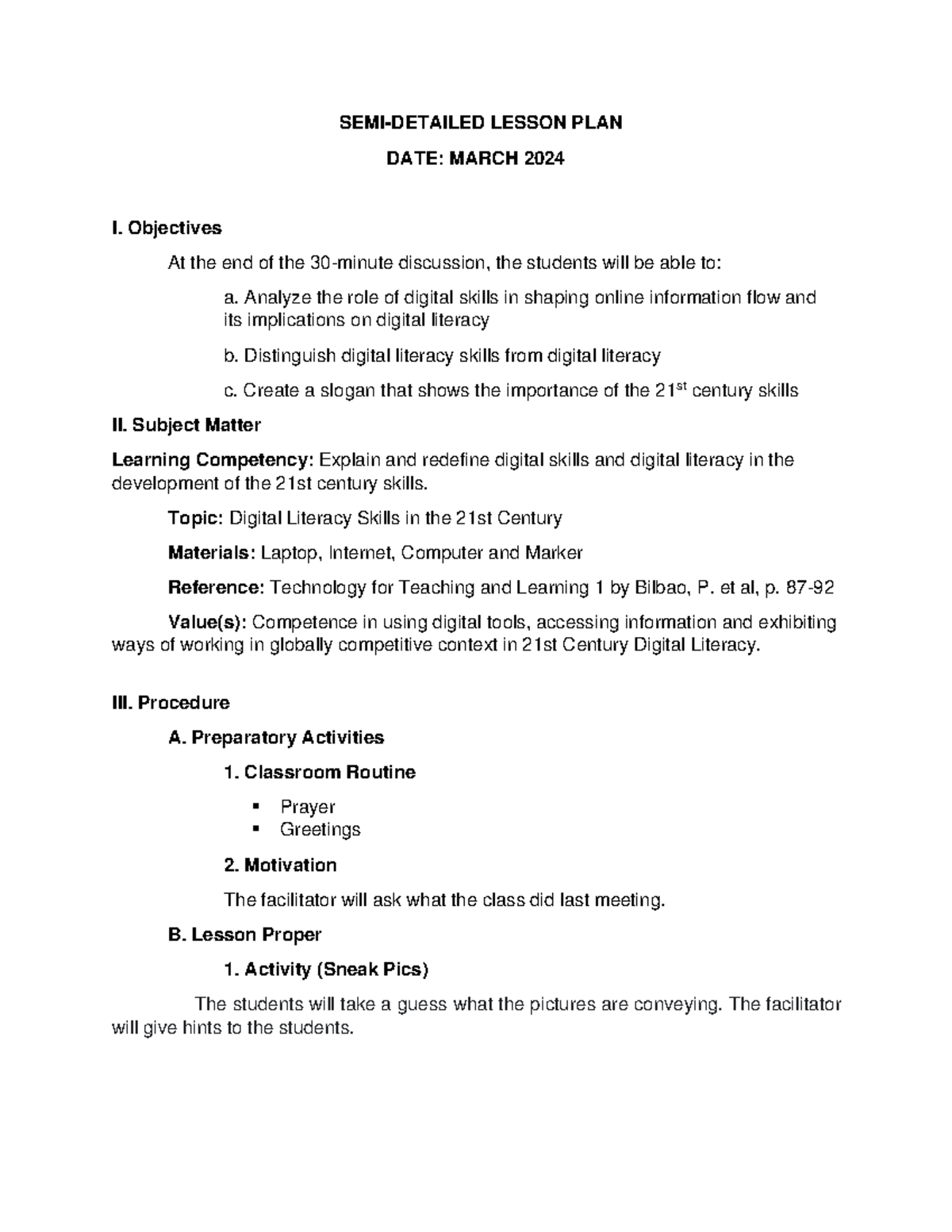 SEMI- Detailed Lesson PLAN - SEMI-DETAILED LESSON PLAN DATE: MARCH 2024 ...