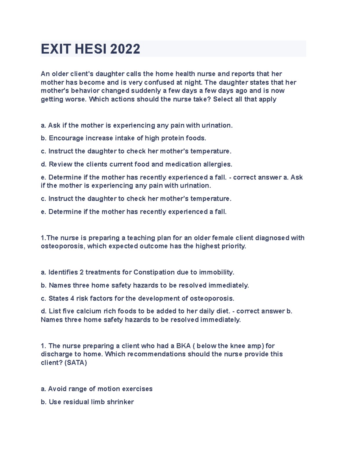 EXIT HESI 2022 - EXIT HESI 2022 An older client's daughter calls the ...