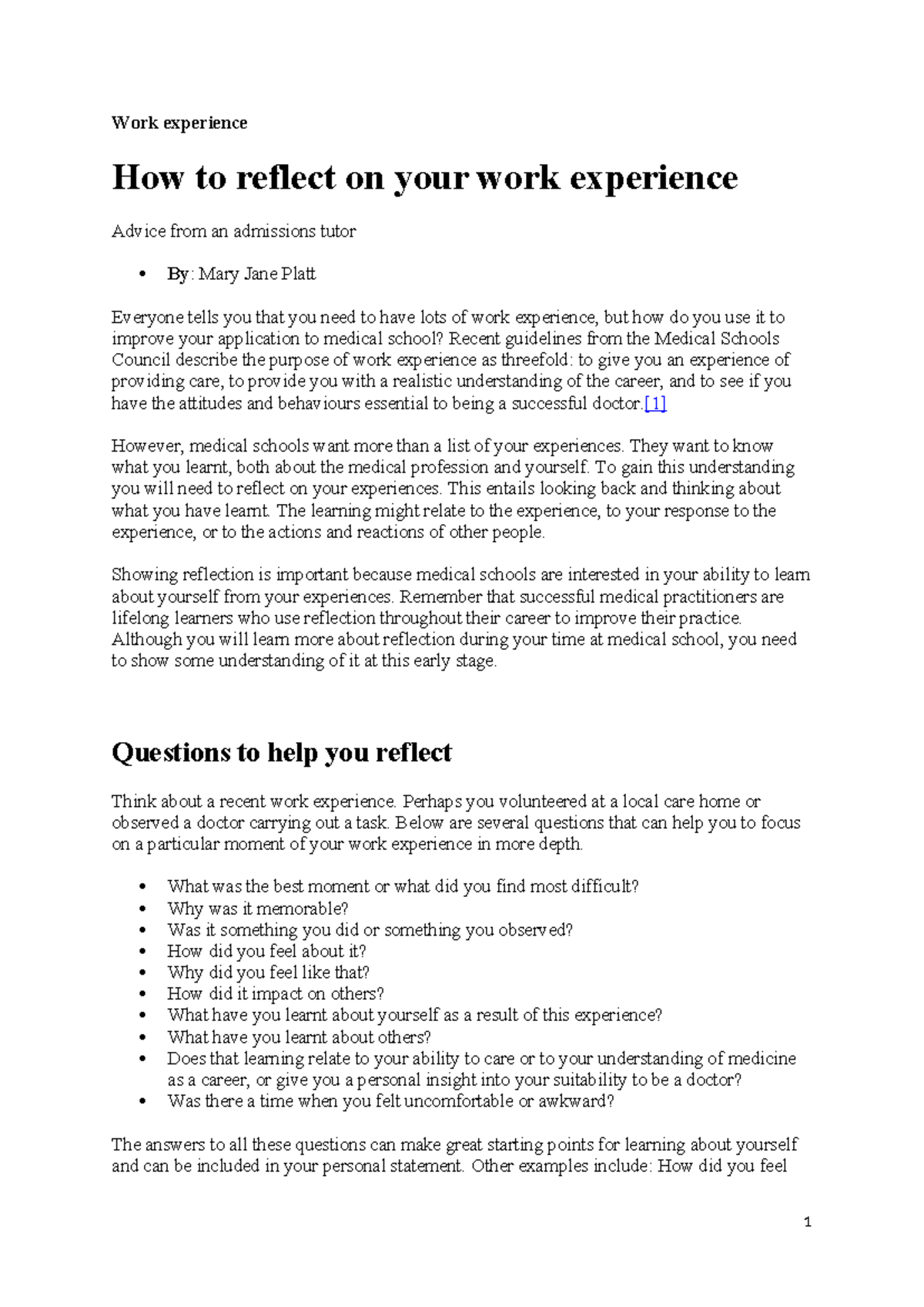 SBMJ How to reflect on your Work experience - Work experience How to ...