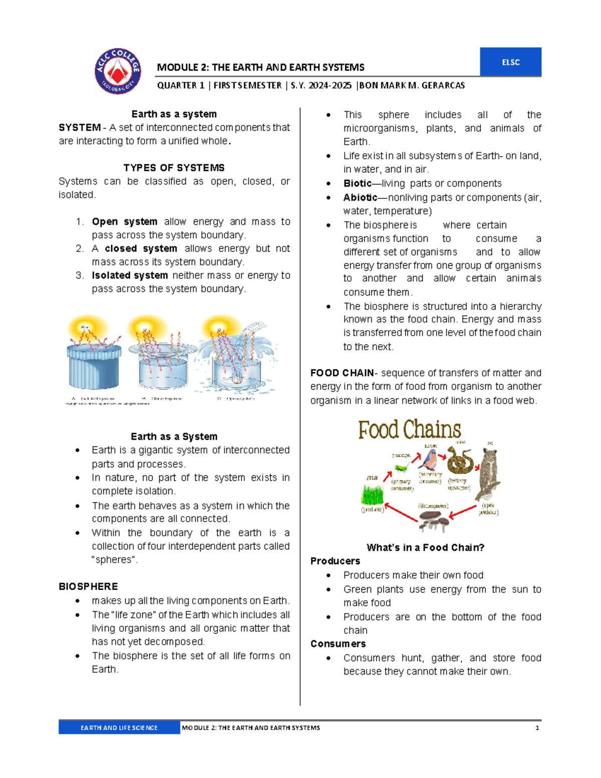 Module 2 Notes - Earth life and science - MODULE 2: THE EARTH AND EARTH ...