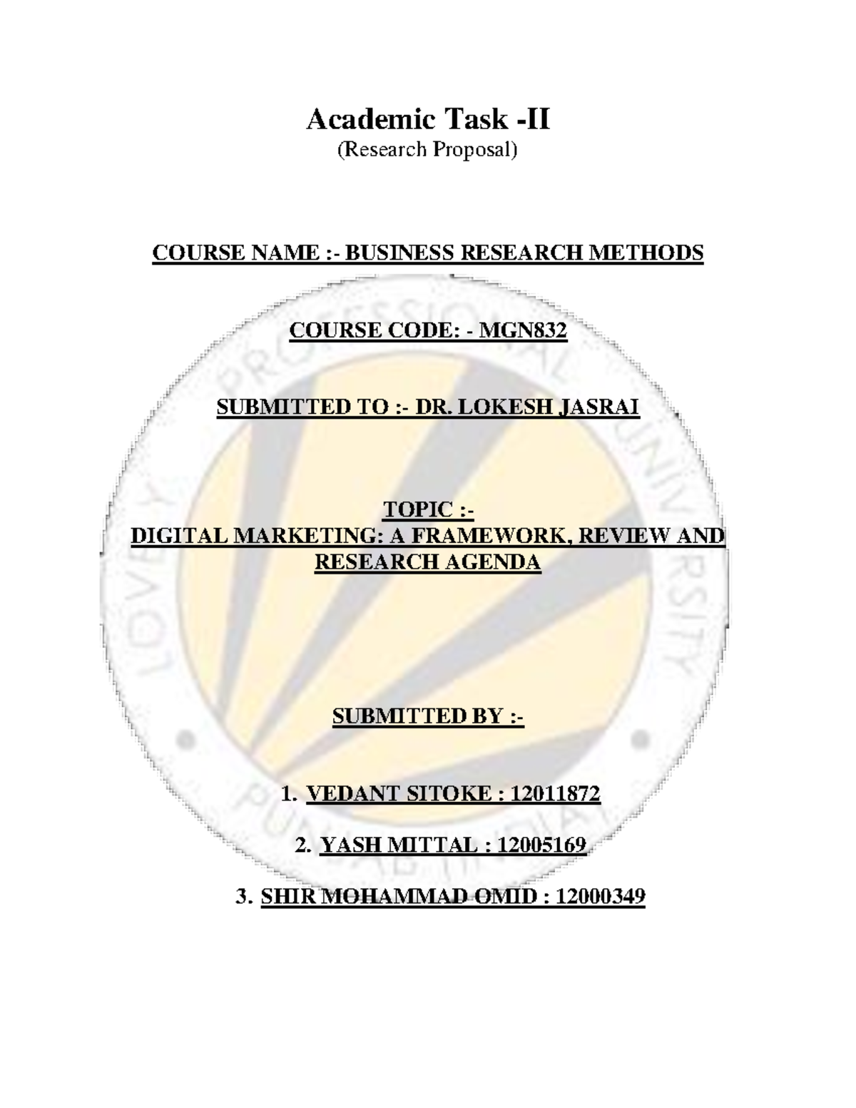 MGN832 CA2 - Class Assignments - Academic Task -II (Research Proposal) COURSE NAME :- BUSINESS ...