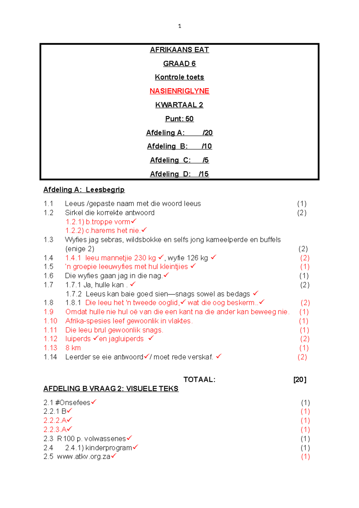 Afrikaans EAT gr.6 memo - 1 AFRIKAANS EAT GRAAD 6 Kontrole toets NASIENRIGLYNE KWARTAAL 2 Punt ...