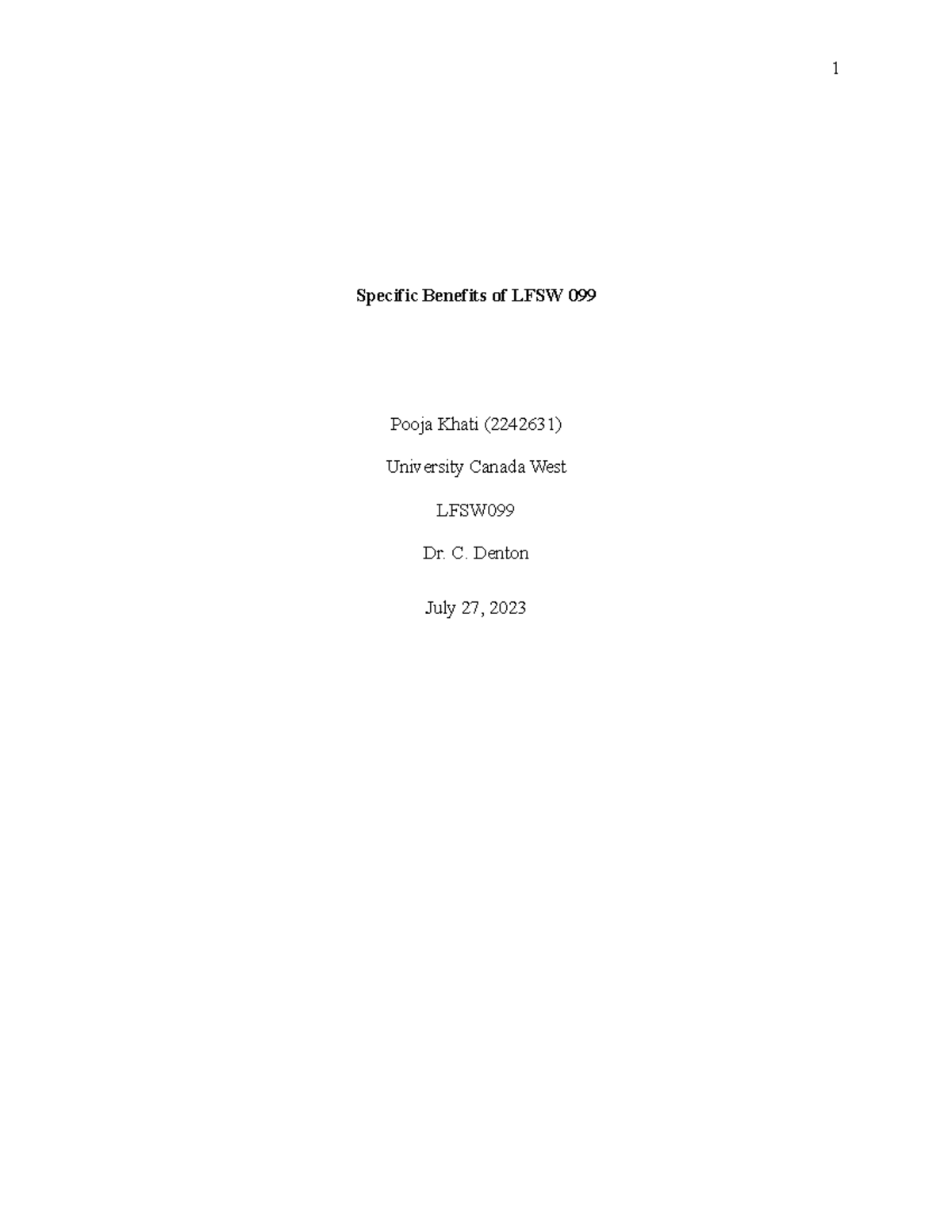LFSW assignment - Specific Benefits of Learning for Success Workshops ...