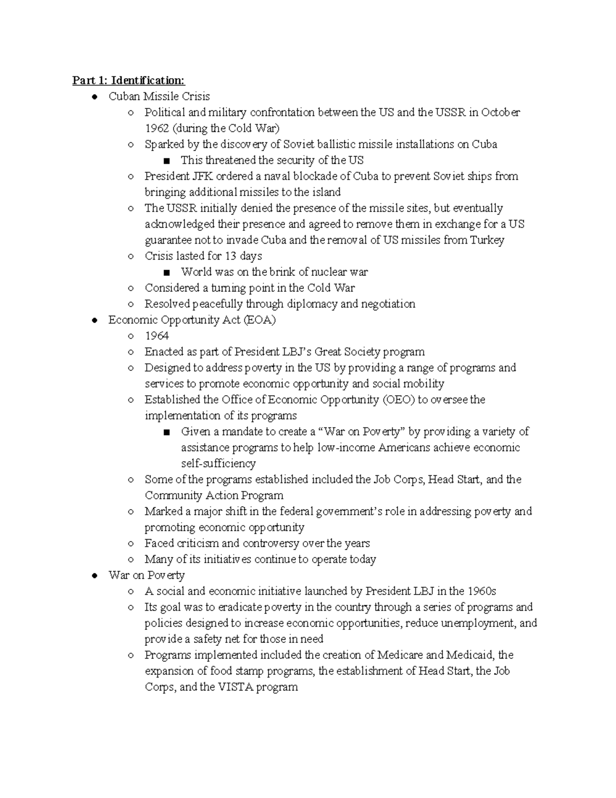 Final Study Guide - Part 1: Identification: Cuban Missile Crisis ...