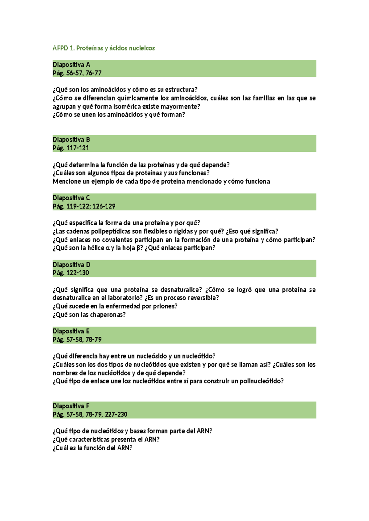 AFPD1 Proteinas y acidos nucleicos 2024 I preguntas guía - AFPD 1. Proteínas y ácidos nucleicos ...