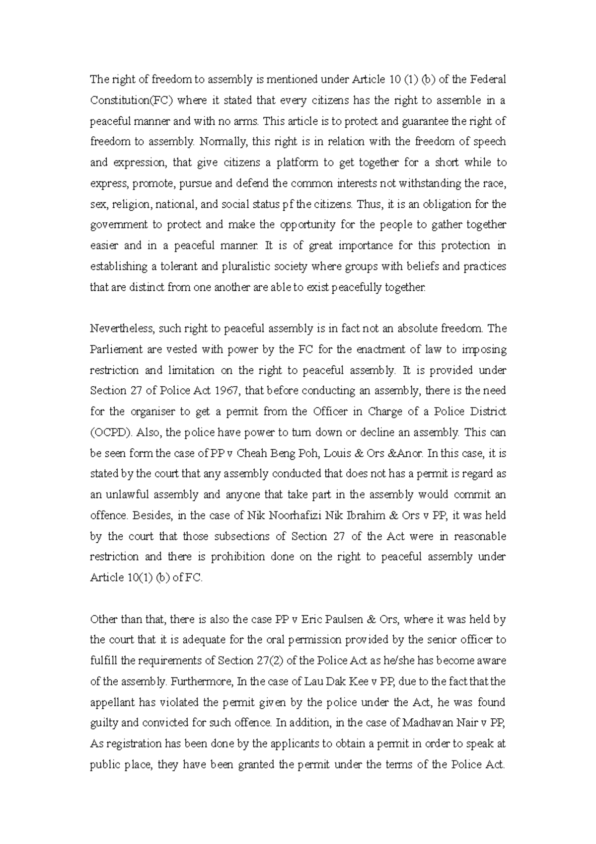 The right of freedom to assembly - This article is to protect and ...