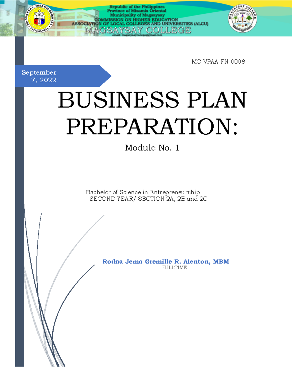 Entrep 4 - Module 1 - September 7, 2022 BUSINESS PLAN PREPARATION ...