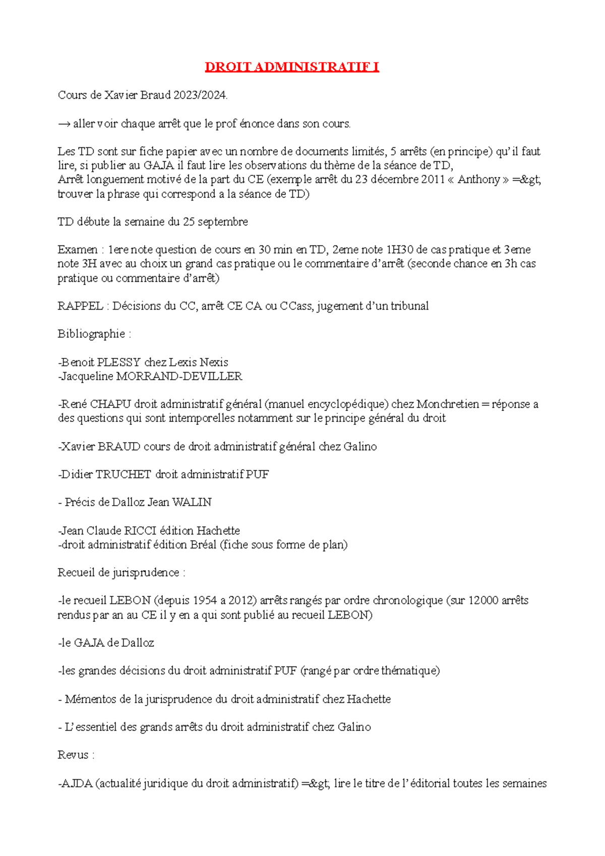 Cours droit administratif I - DROIT ADMINISTRATIF I Cours de Xavier Braud 2023/2024. → aller ...