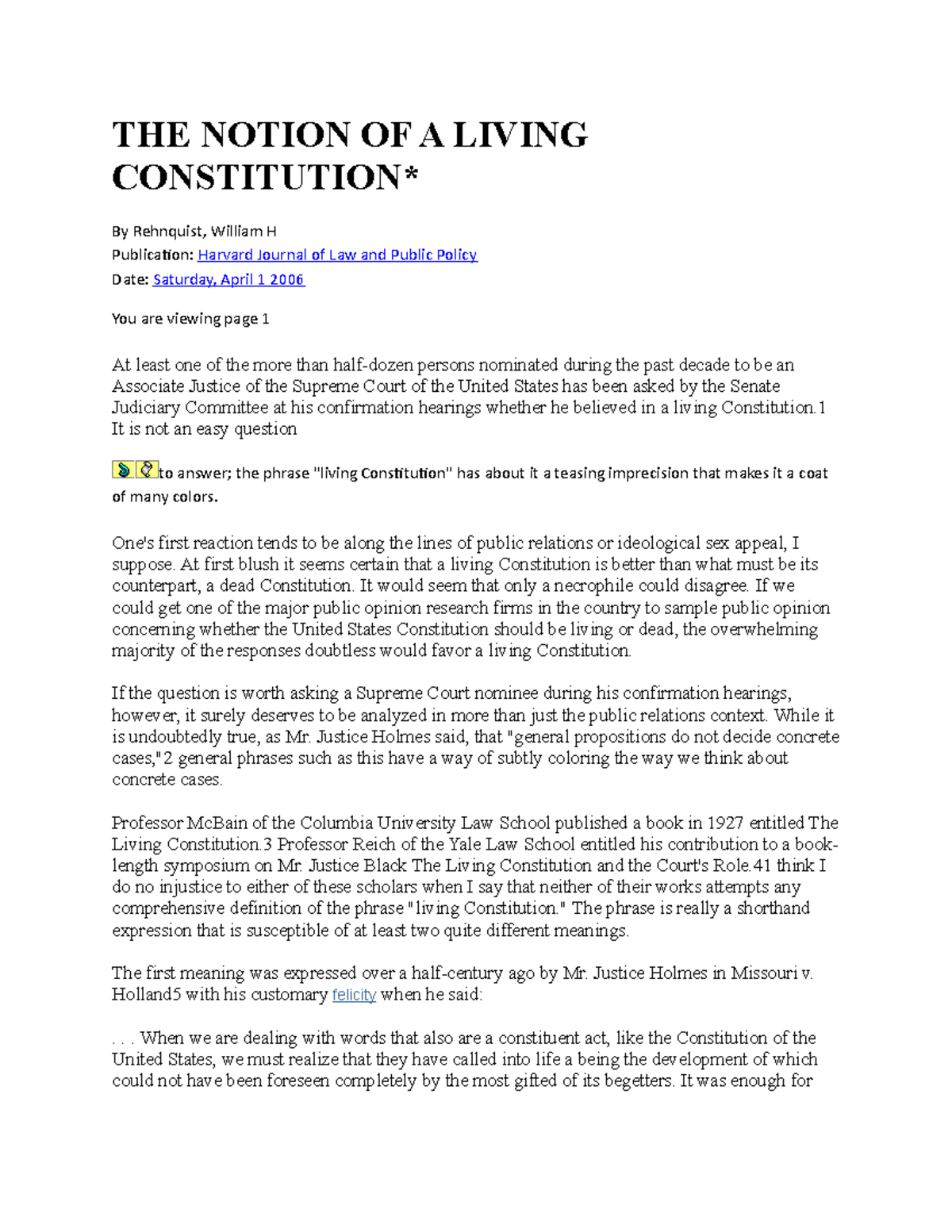THE Notion OF A Living Constitution-rehnquist - THE NOTION OF A LIVING ...