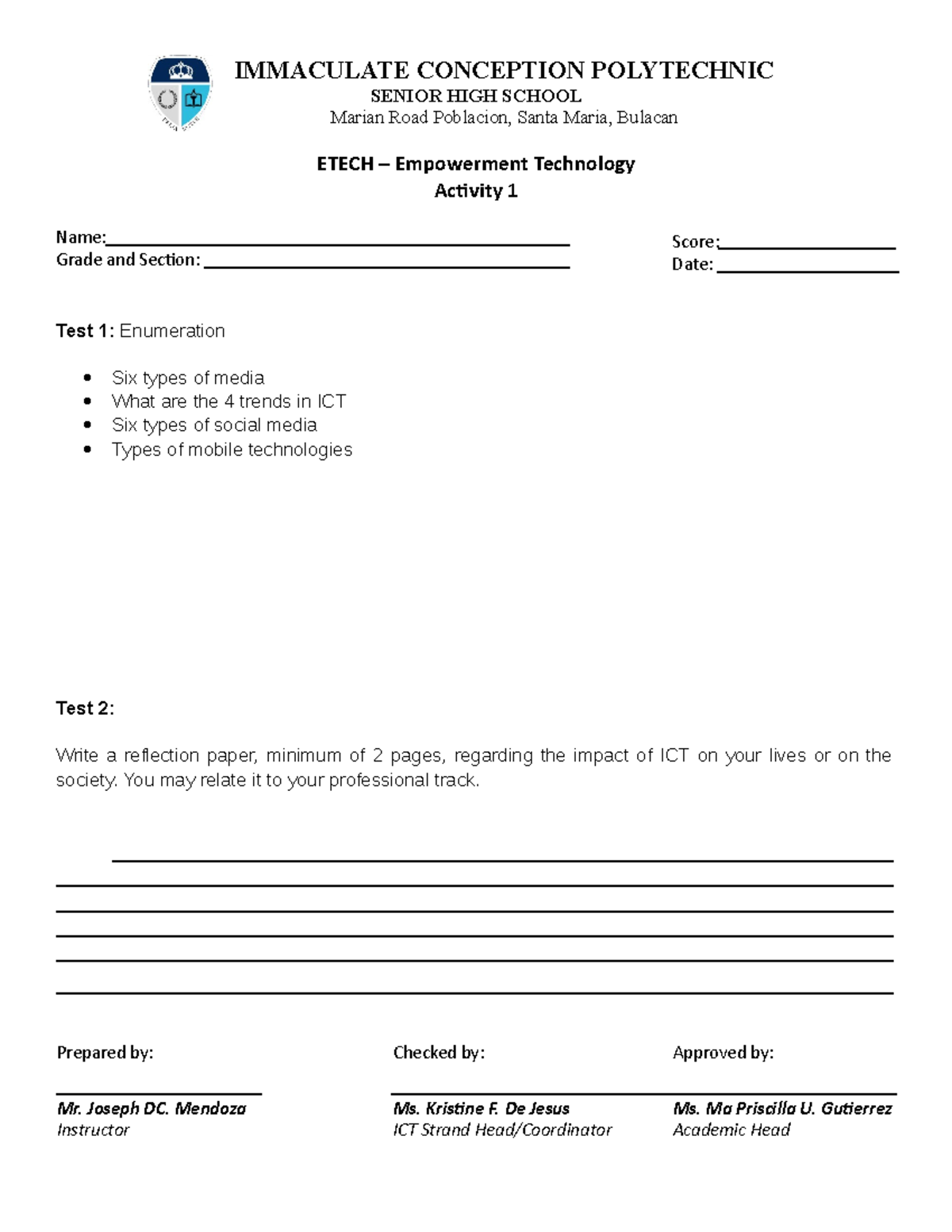 Activity 1 - Use for academic purposes - IMMACULATE CONCEPTION ...