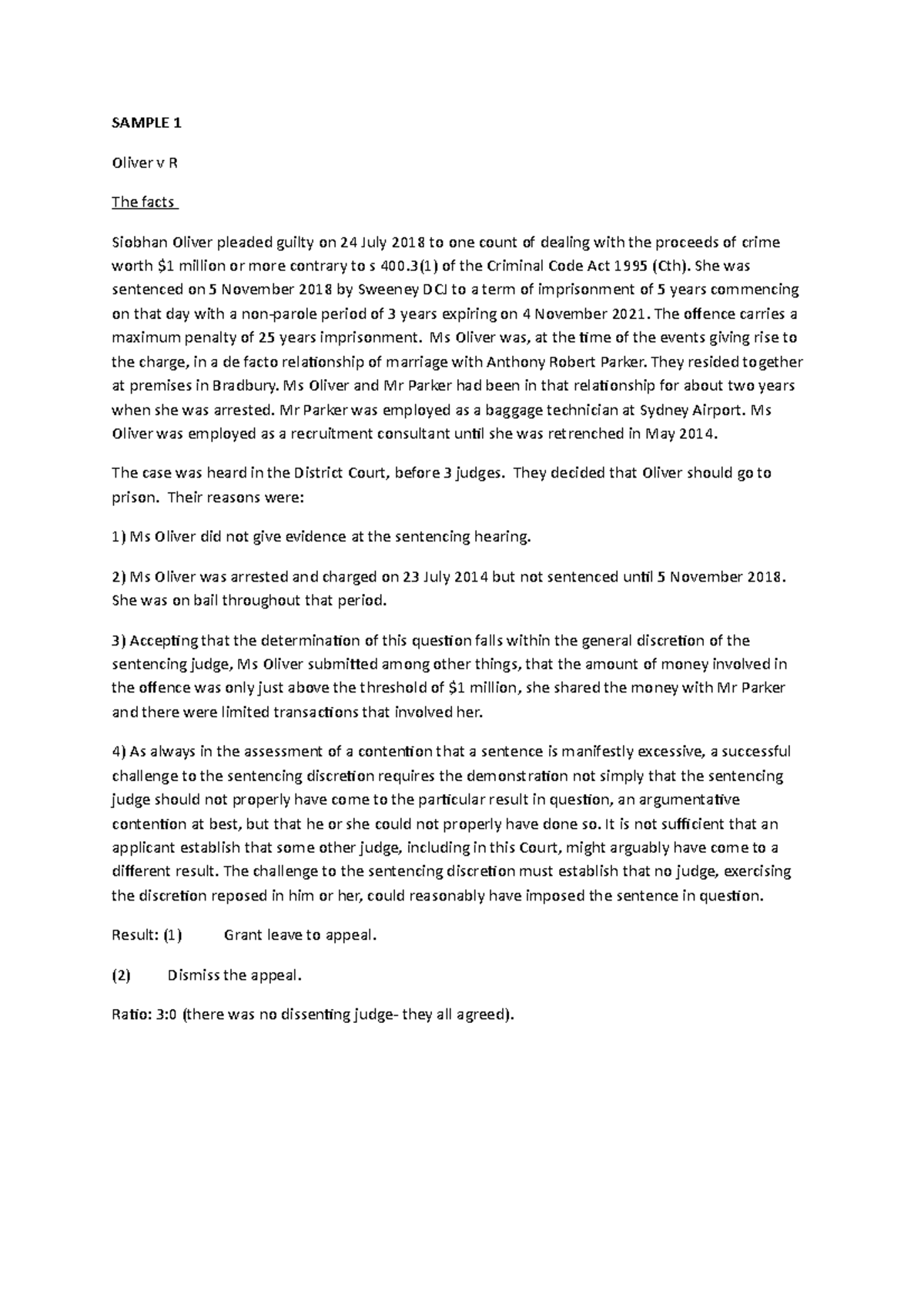 Sample case summaries for Oliver - SAMPLE 1 Oliver v R The facts ...
