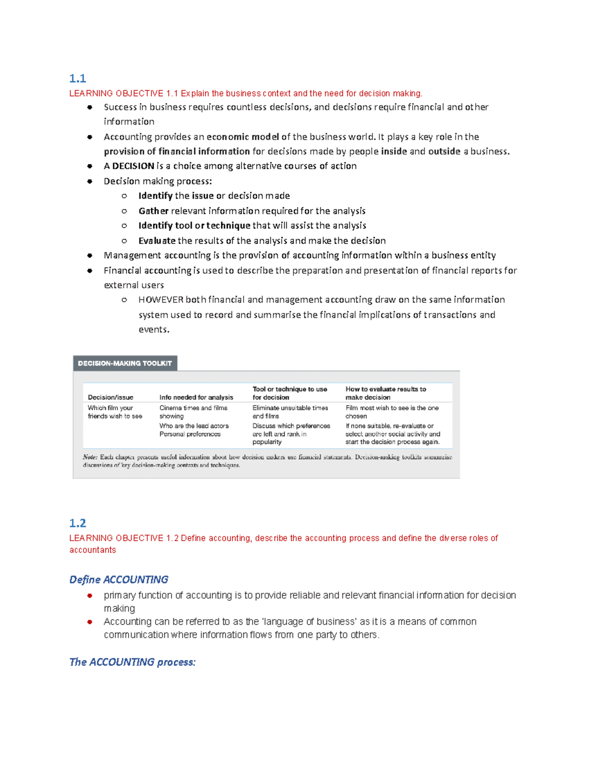 Topic 1 Notes - ACC1000 - 1. LEARNING OBJECTIVE 1 Explain the business ...