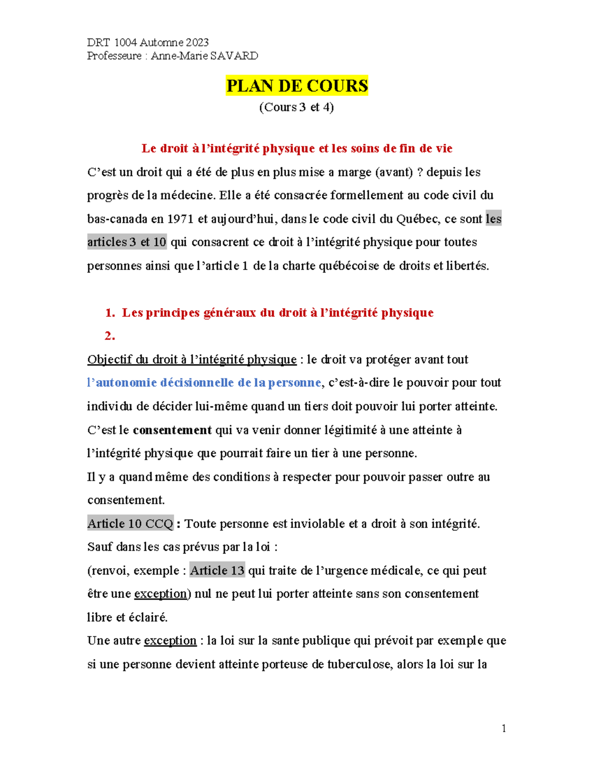 Cours 3-4 droit de la personne - Professeure : Anne-Marie SAVARD PLAN ...