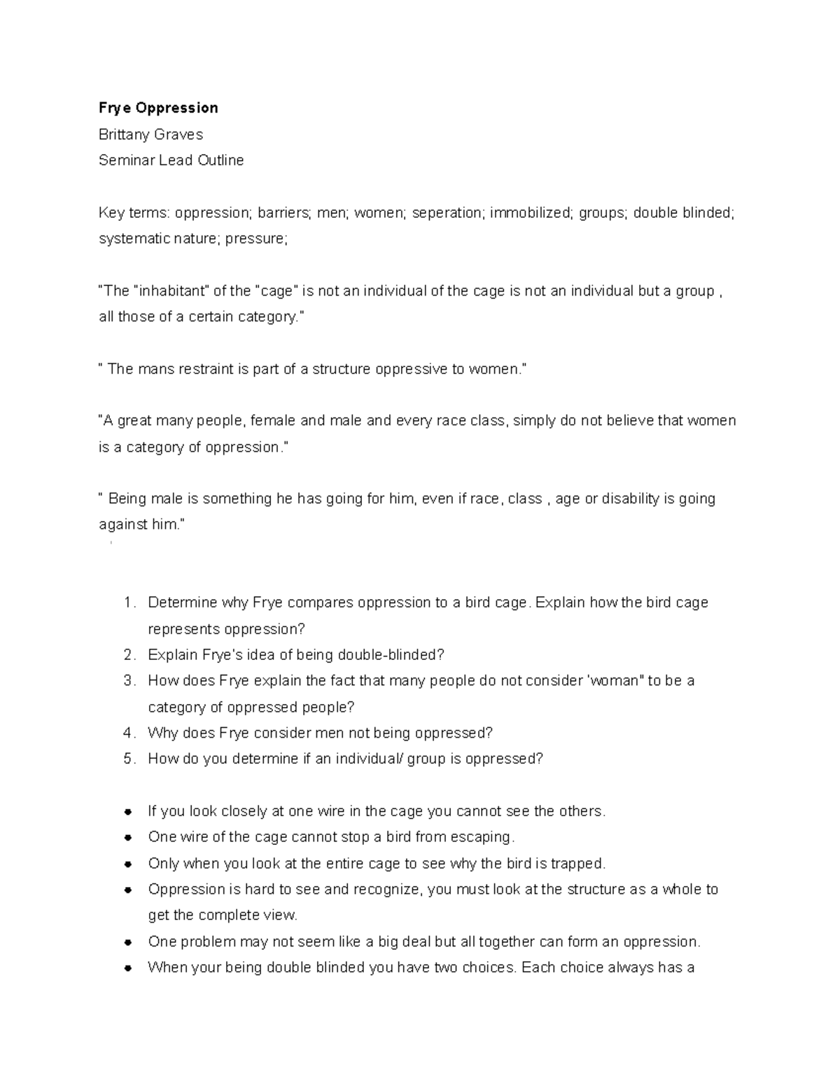 Semenair lead outline - Frye Oppression Brittany Graves Seminar Lead ...