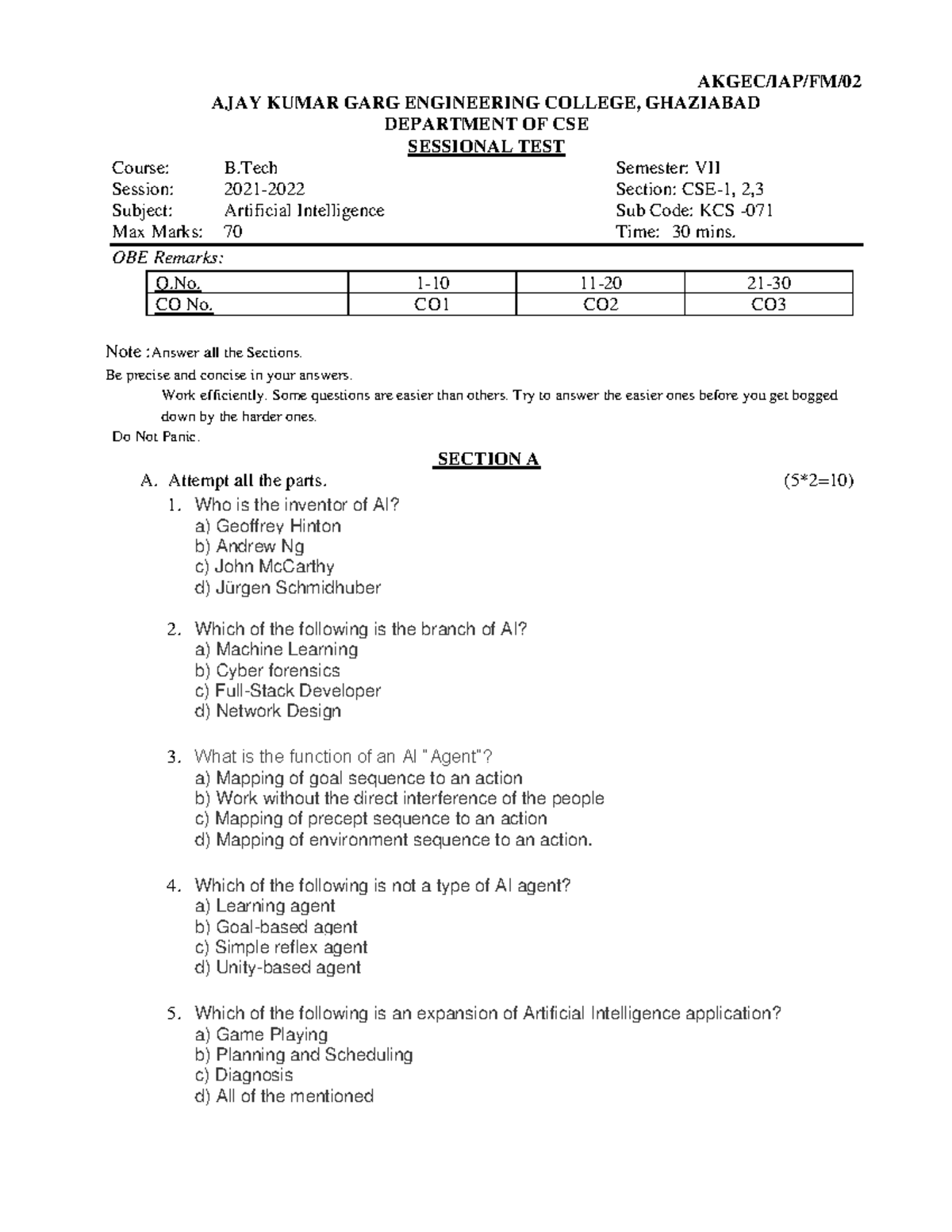Artificial Intelligence KCS-071 ST QP ODD 21-22 - AKGEC/IAP/FM/ AJAY KUMAR GARG ENGINEERING ...